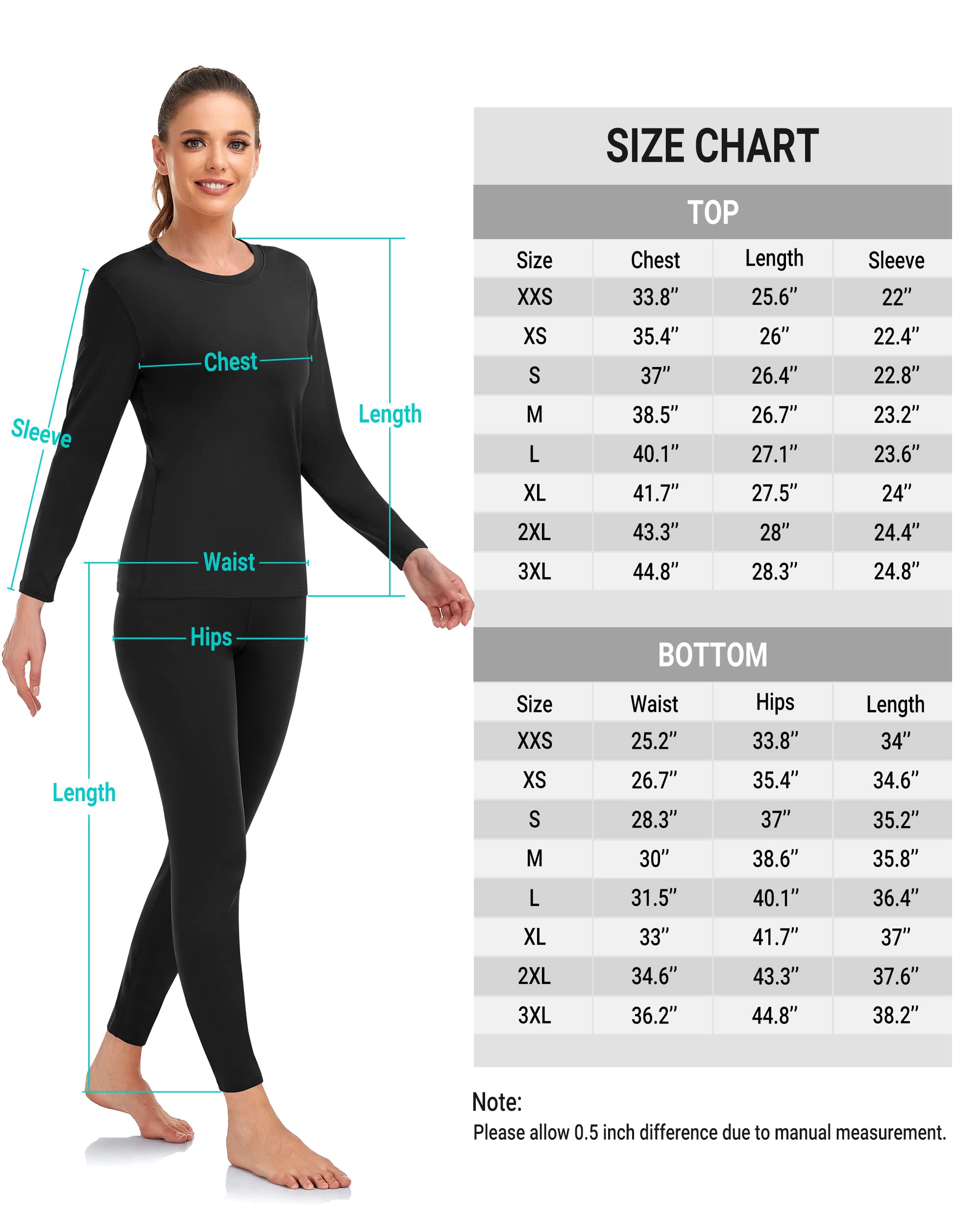 MIRITY Thermal Underwear for Women - Long Johns with Fleece Lined Cold Weather Base Layer Pajama set Black