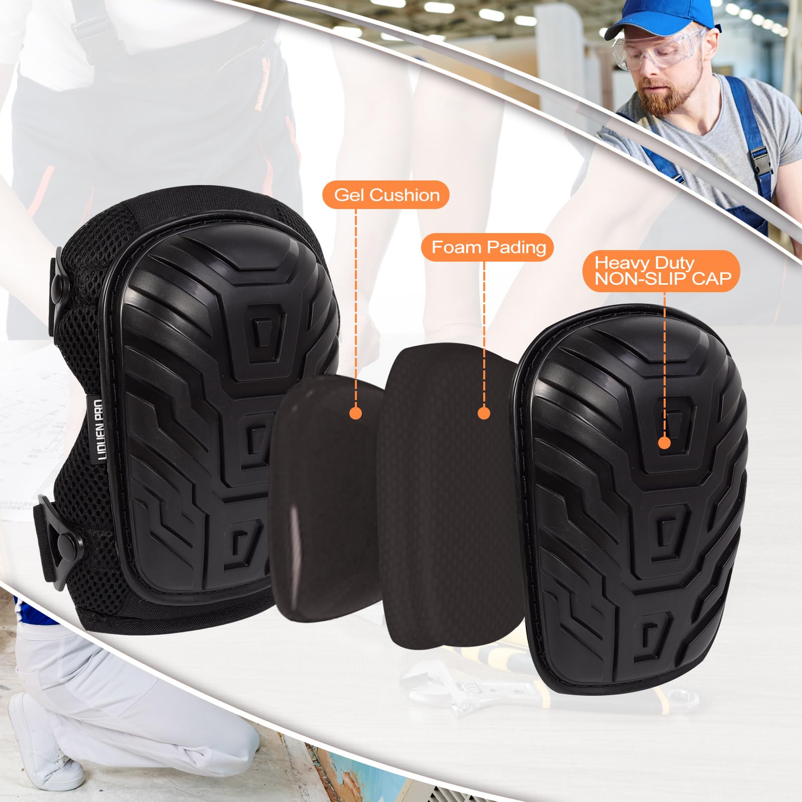 LIDUEN PRO Work Knee Pads for Men&Women-Heavy Duty EVA Foam Padding and Comformtable GEL Cushion with Adjustable Easy-Fix Clips for Gardening,Construction,Flooring,Cleaning