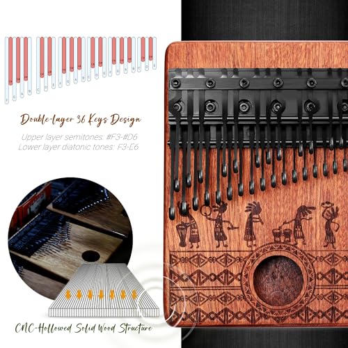 MOOZICA 36 Keys Chormatic Kalimba, Double-layer Piano Layout 36 Tines Professional Kalimba Thumb Piano, Solid Mahogany Kalimba Instrument(BKA36)
