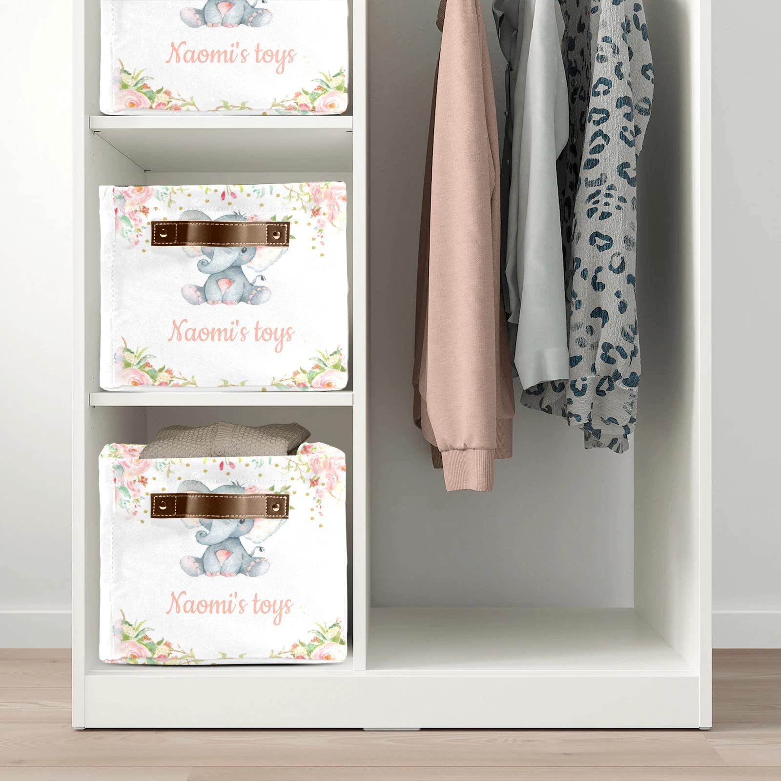 Joyestore Pink Flower Elephant Personalized Storage Bins ,Baskets Cubes Organizer with Handle for Shelves Closet Nursery Toy 2 Packs