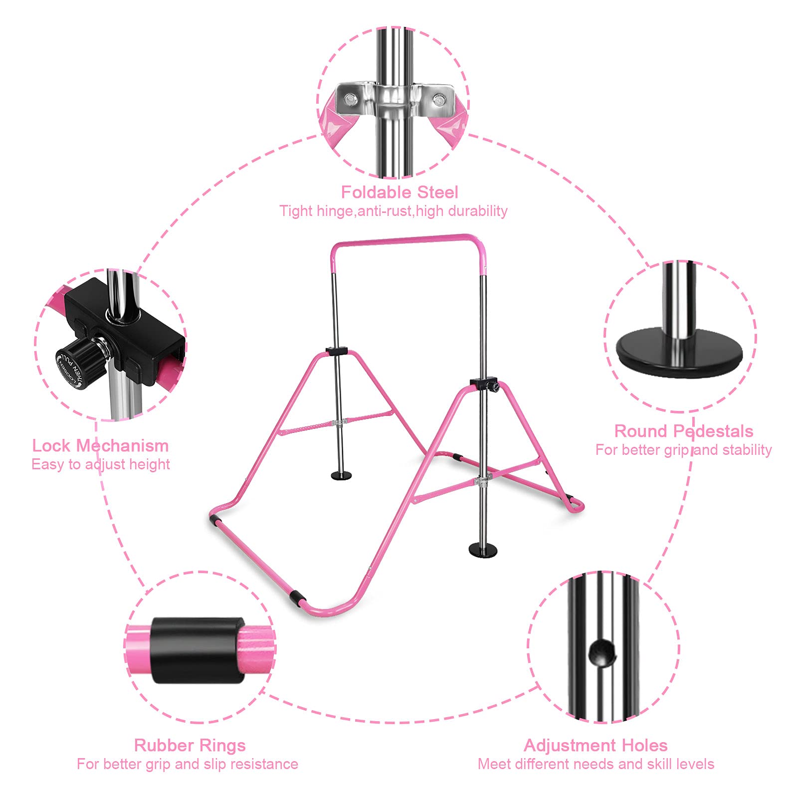 KL KLB Sport Expandable Gymnastics Bars Kids Junior Kip Training Bars Equipment for Home, Folding Height Adjustable Horizontal Bars for 3-7 Years Old (Pink)