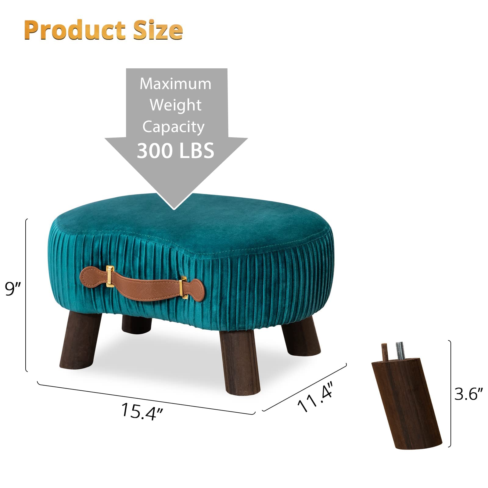 LUE BONA Small Curved Foot Stool with Handle, Velvet Footstool and Ottomans, Modern Foot Rest with Wooden Legs, Step Stool with Padded Seat for Couch, Living Room, Teal
