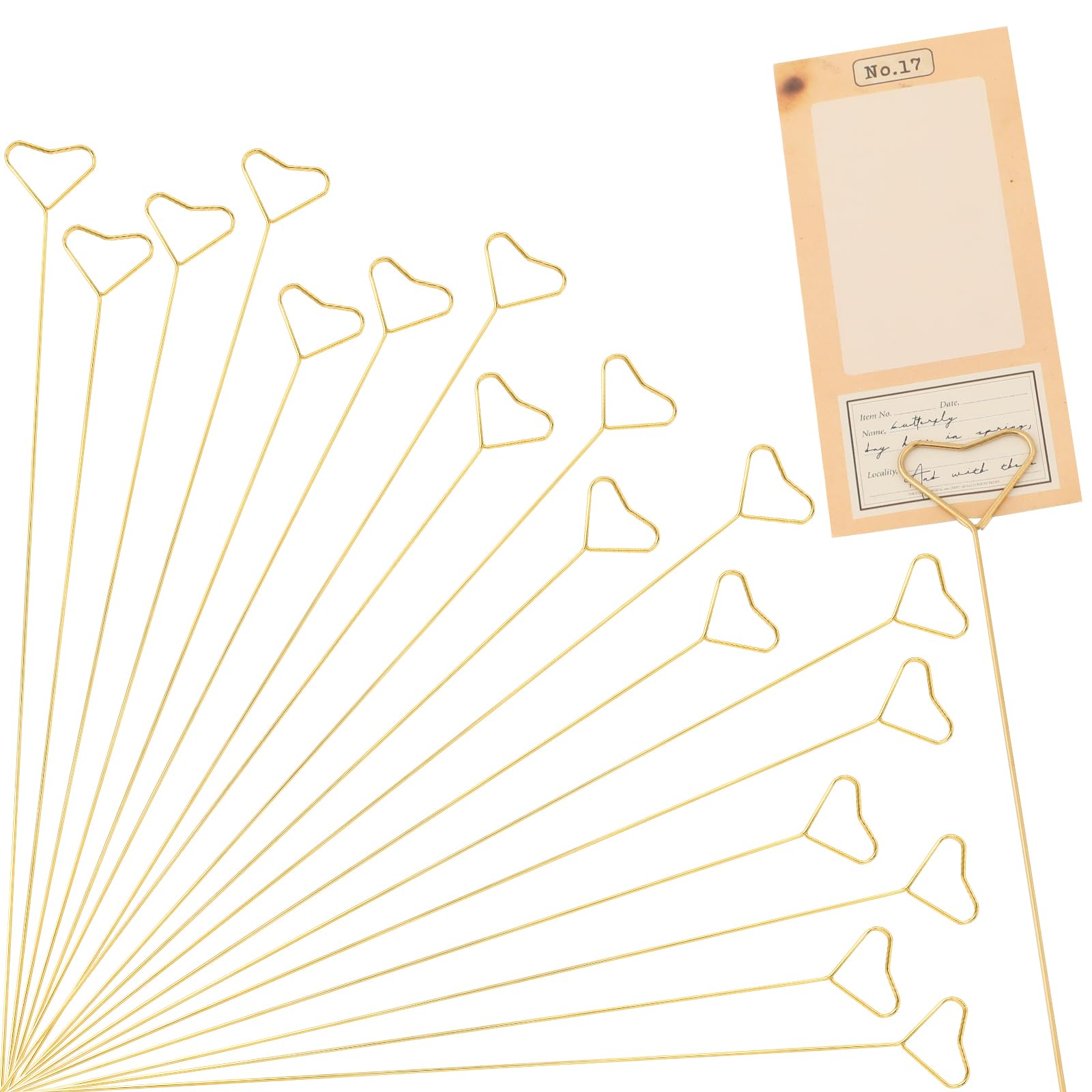 ZEYIYER 20Pcs Heart Pick for Holder, Floral Card Holder Stick, 11.8 Inch Gold Heart Flower Picture Holders, Metal Wire Flower Picks Clip for Wedding Party Birthday ​Cake