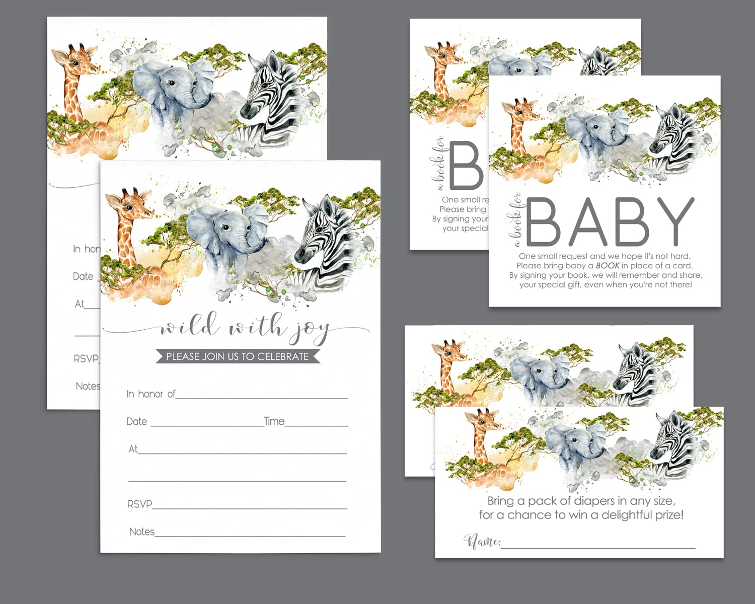 Jungle Baby Shower Invitation Bundle (25 Guests) Pack Includes Blank Invites with Envelopes for Boys or Girls, Diaper Raffle Insert and Bring a Book Cards Set – Royal Safari Theme Gender Reveal
