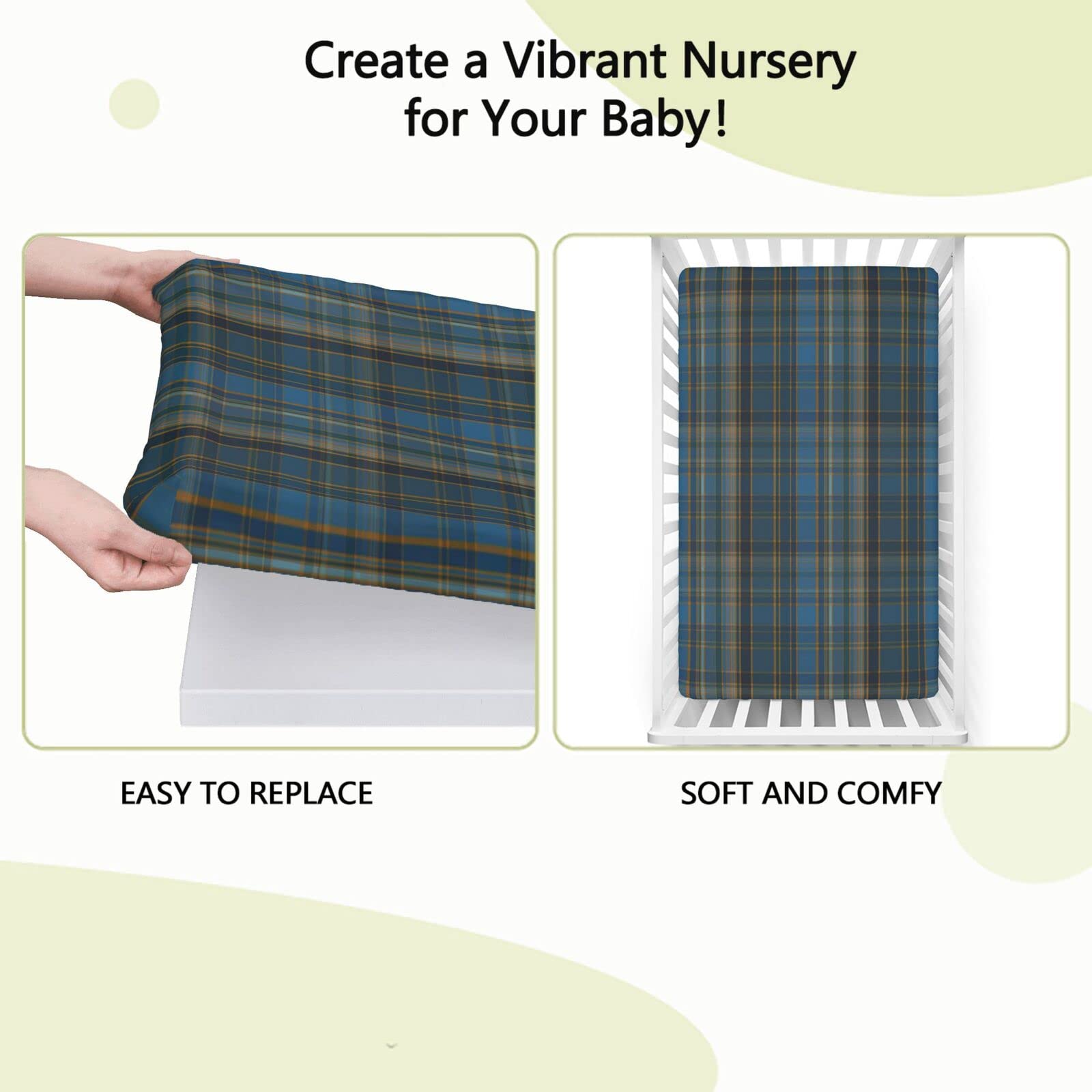 Plaid Themed Fitted Mini Crib Sheets,Portable Mini Crib Sheets Ultra Soft Material-Baby Sheet for Boys Girls,24β x38β,Pale Teal Marigold Blue