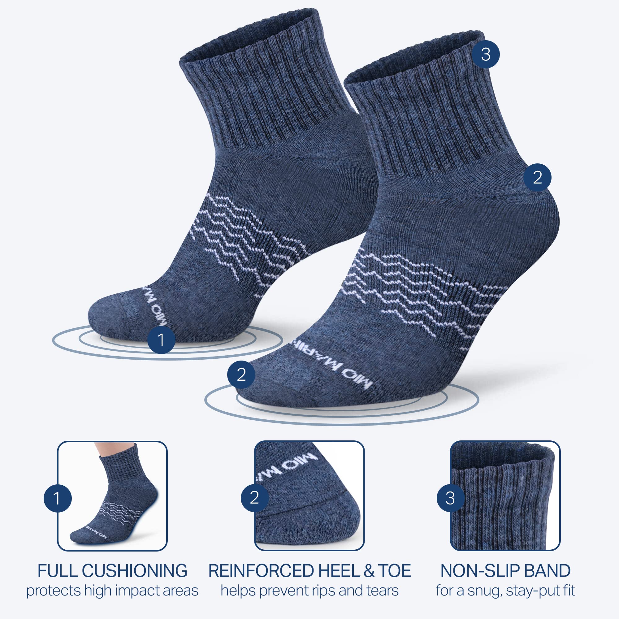 Mio Marino Mens Low Cut Ankle Socks - Premium Moisture Control - Cotton Cushioned with Arch Support - Black - 6 Pack - (13-15)