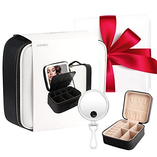 MOMIRA Makeup Train Case with Lighted and Mirror Partitionable Cosmetic Bag Travel Makeup Case Professional Cosmetic Artist Organizer, Waterproof Portable, White&Suit