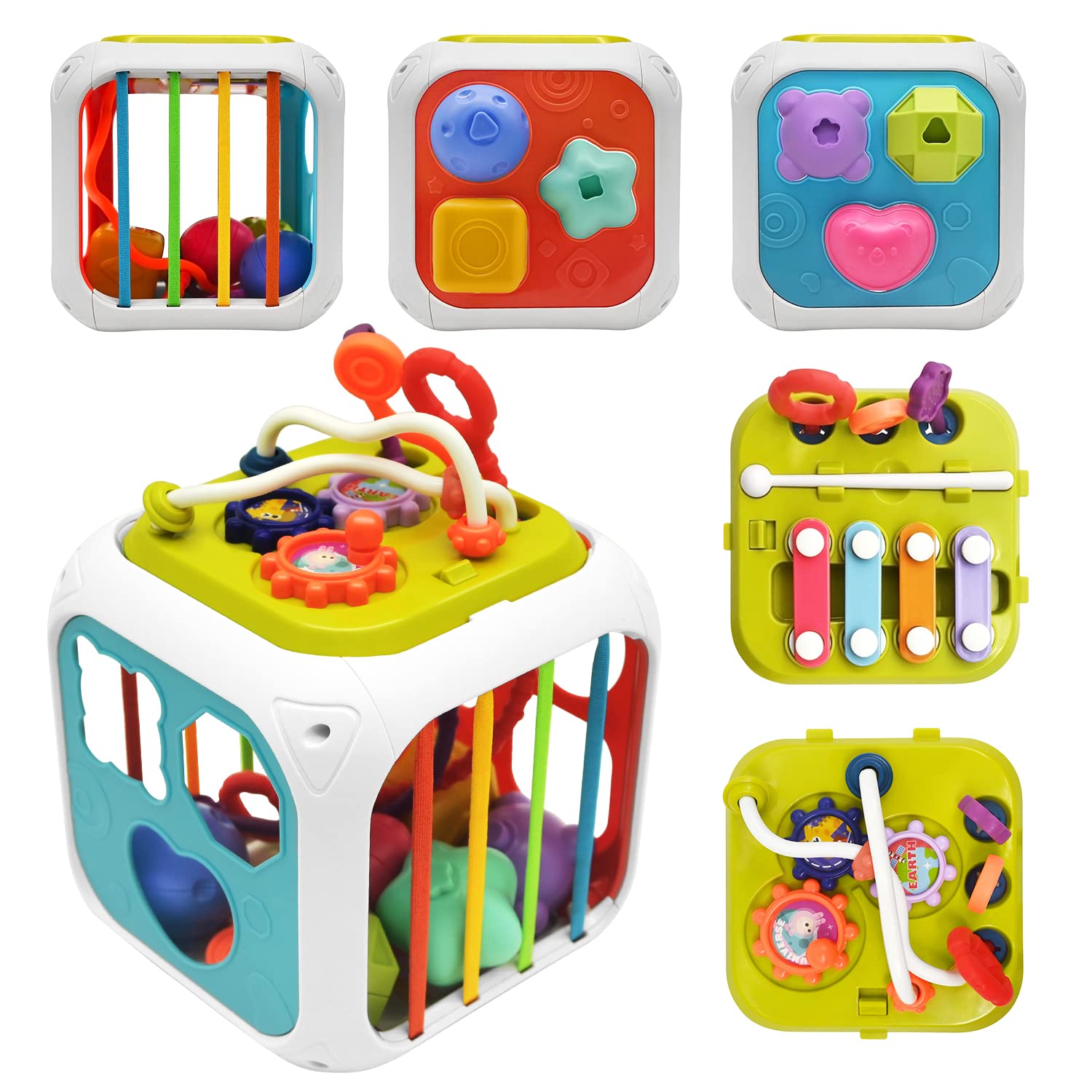 Manzelun Activity Cube for Baby,Montessori Toys for 18 Months+,Sensory Pull String Shape Sorter Baby Toys,Baby Gift