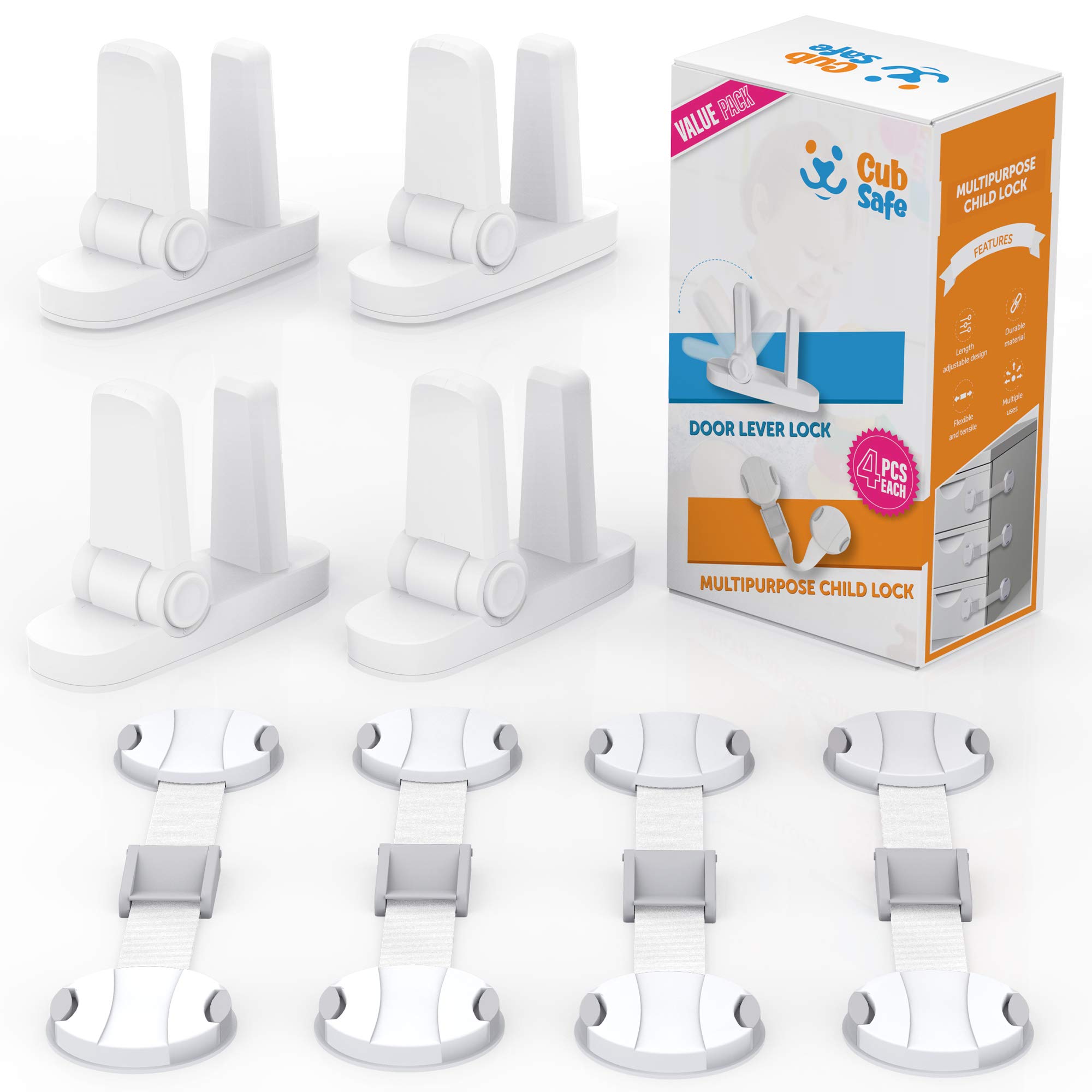 Improved Childproof Door Lever Lock (4 Pcs) and Multipurpose Safety Straps (4 Pcs) with Adjustable Strap and 3M Adhesive. Toddler Proofing. No Tools Required.