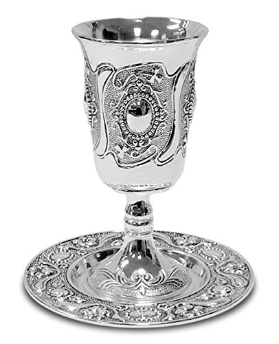 Ner Mitzvah Tall Kiddush Cup and Tray - Premium Quality Silver Plated Goblet With Stem - Shabbat and Havdalah Goblet - Judaica Shabbos and Holiday Gift