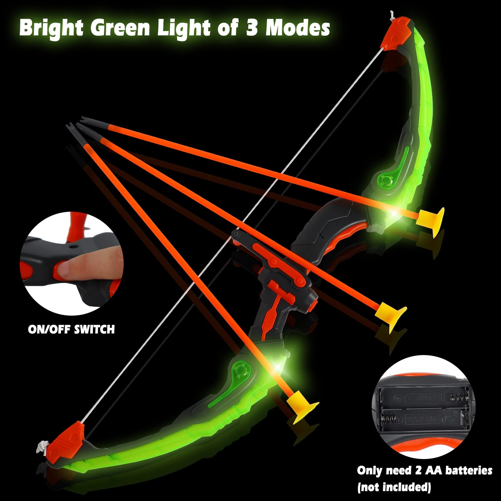 MorTime 2 Pack Bow and Arrow Set with LED Flash Lights, Practice Outdoor Toys for Kids ,Green Light Up Archery Toy Set -includes 6 Suction Cup Arrows