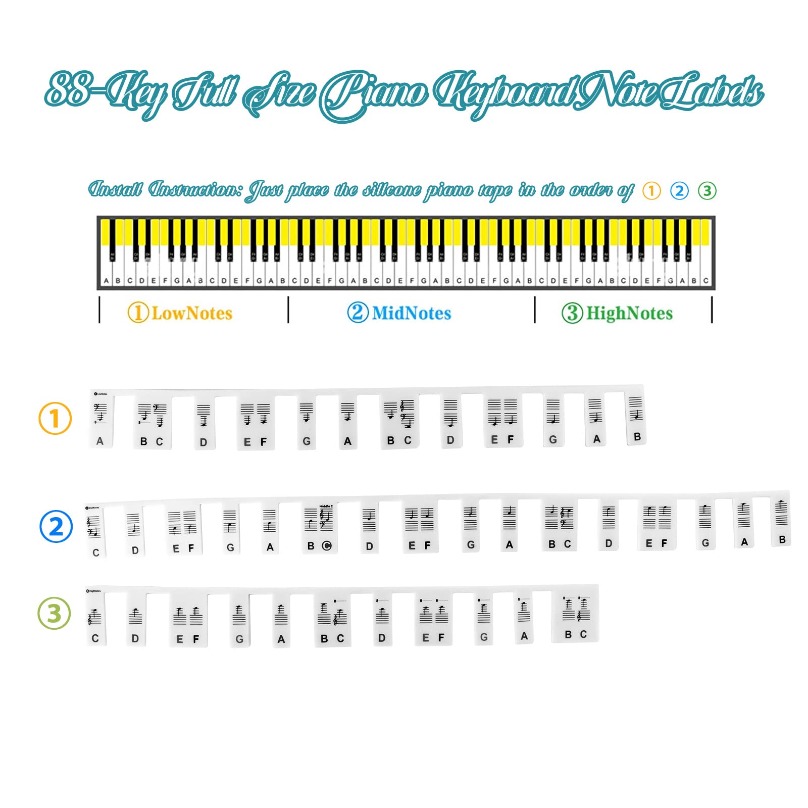 Piano Keyboard Stickers, 88-Key Full Size Removable Piano Keyboard Note Labels Silicone Piano Key Stickers Removable Piano Notes Stickers for Beginners Learning (Black)