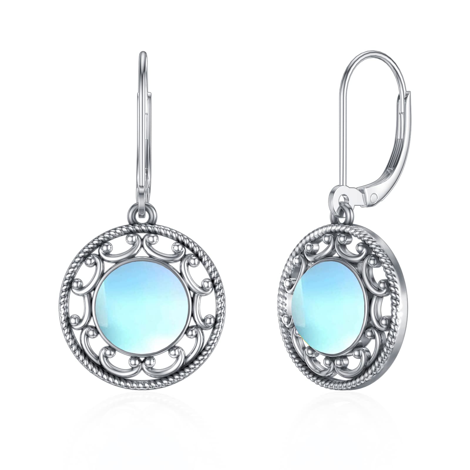LONAGO Filigree Earrings 925 Sterling Silver Created Moonstone Dangle Earrings Jewelry for Women