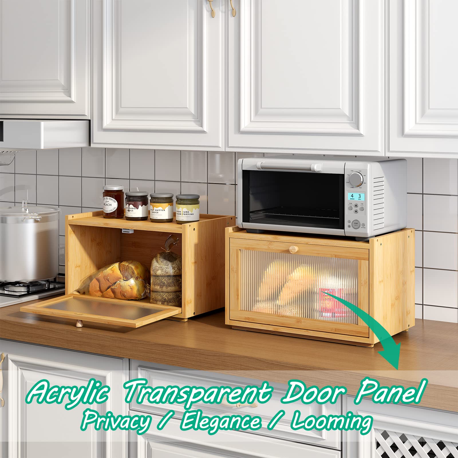 kiplant Large Bread Box for Kitchen Counter, Bamboo Bread Storage Container with Wavy Arcylic Transparent Door, Bamboo Wooden Farmhouse Bread Box for Your House