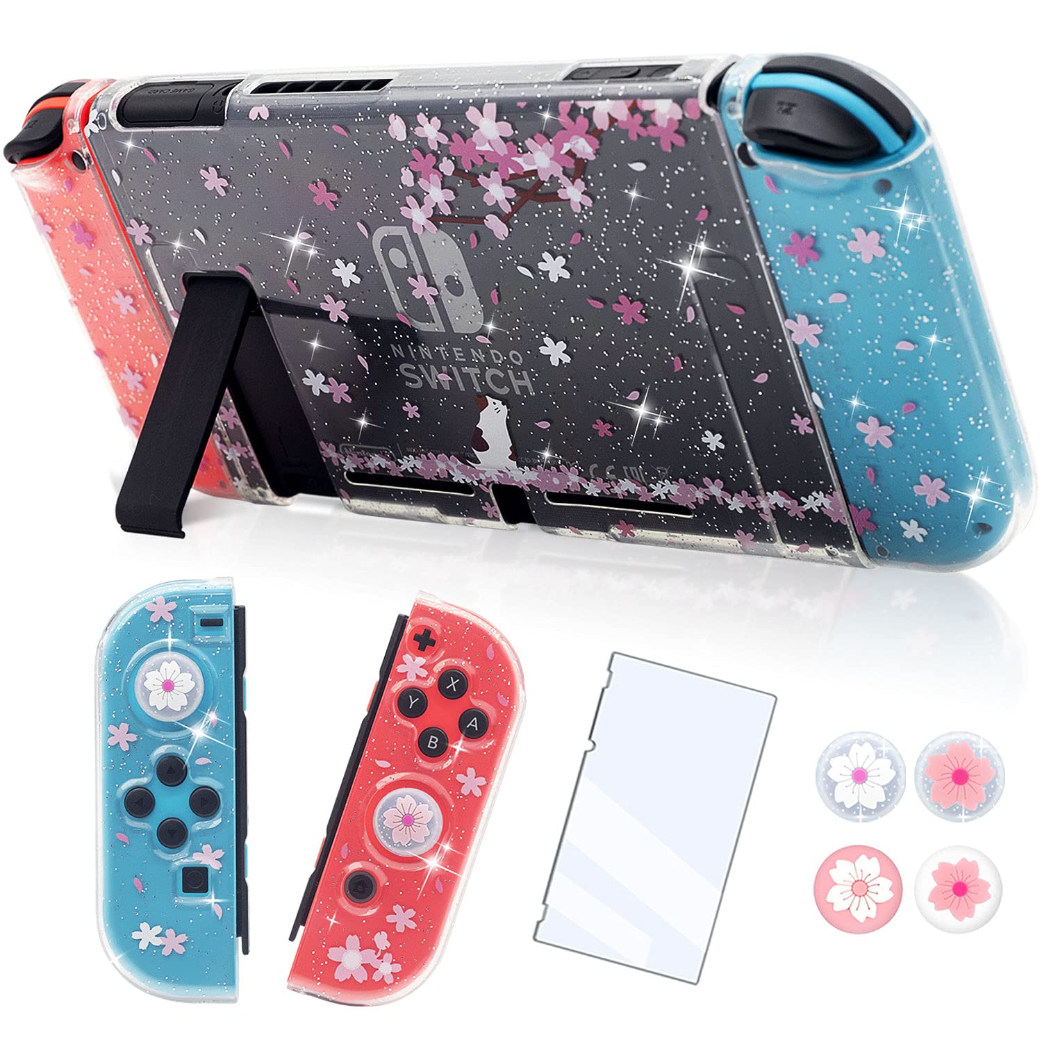 Kawaii Glitter Clear Case for Nintendo Switch,BRHE Soft TPU Dockable Protective Cover Cute Cat Bling Skin for Girls with Screen Protector Thumb Grips – Cherry Blossom Pink