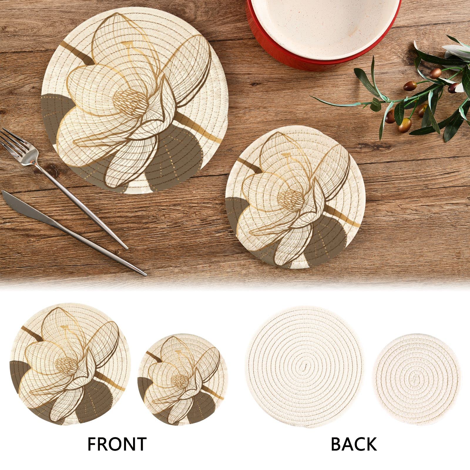 Magnolia Flower Golden Trivets for Hot Dishes Pot Holders Set of 2 Pieces Hot Pads for Kitchen Cotton Round Trivets for Hot Pots and Pans Placemats Set for Kitchen Countertops Decor