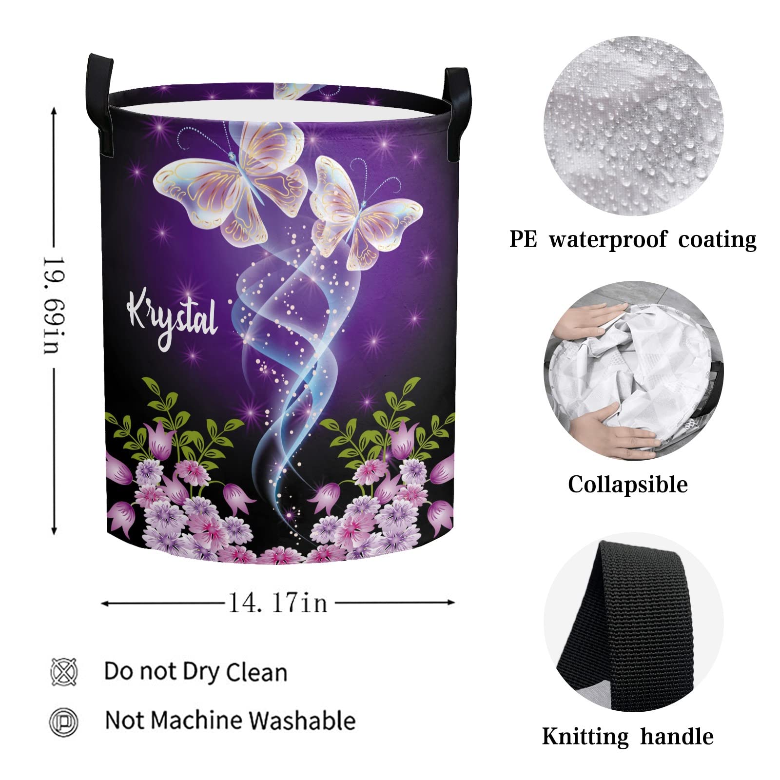 Personalized Custom Fantasy Butterfly Pretty Collapsible Large Sized Clothes Hamper with Knitting Handles for Baby Girls Boys Kids Nursery Clothes Things