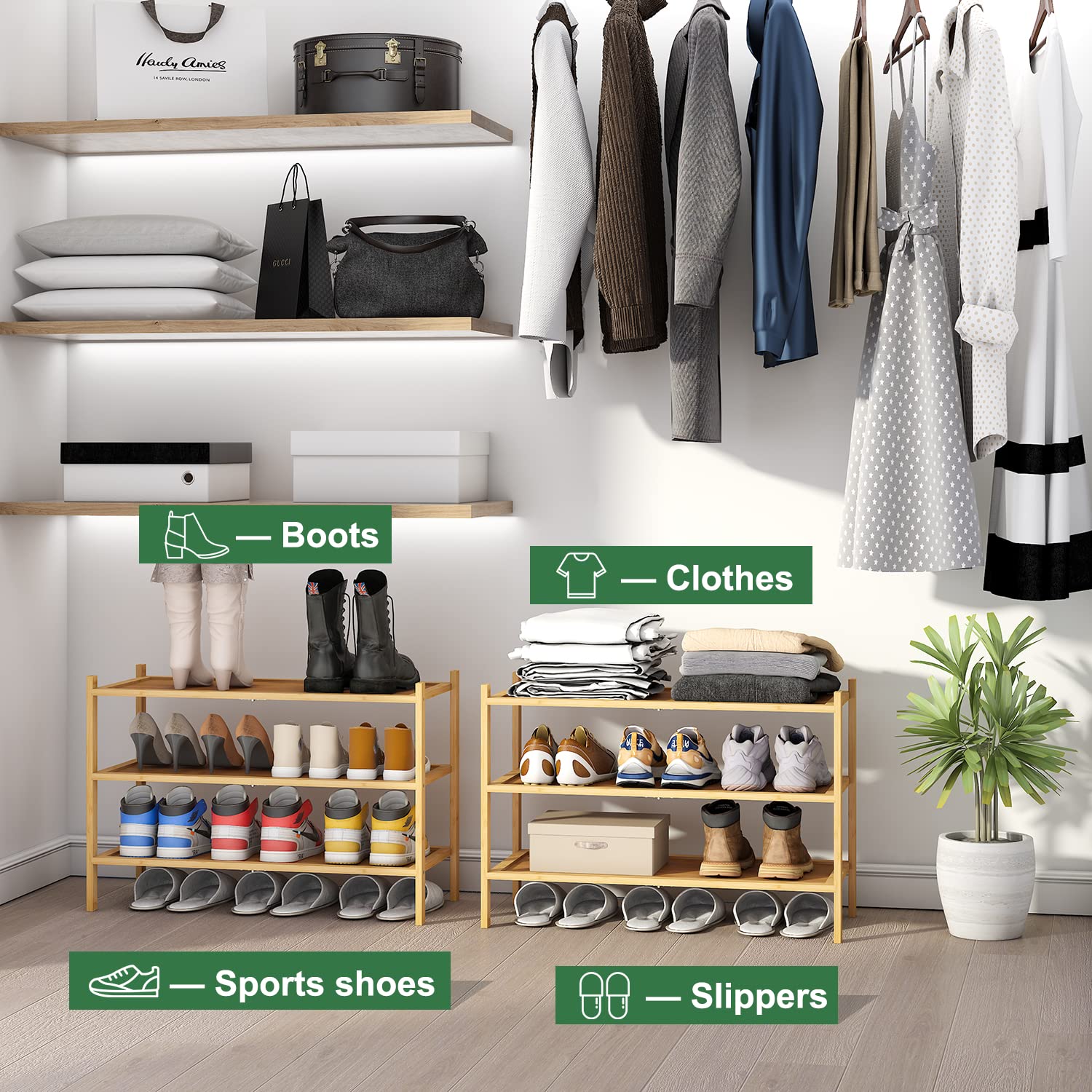 kiplant 3-Tier Shoe Rack for Entryway, Bamboo Wood Shoe Rack, Free Standing Shoe Racks for Indoor & Outdoor, Stackable Shoe Organizer for Closet