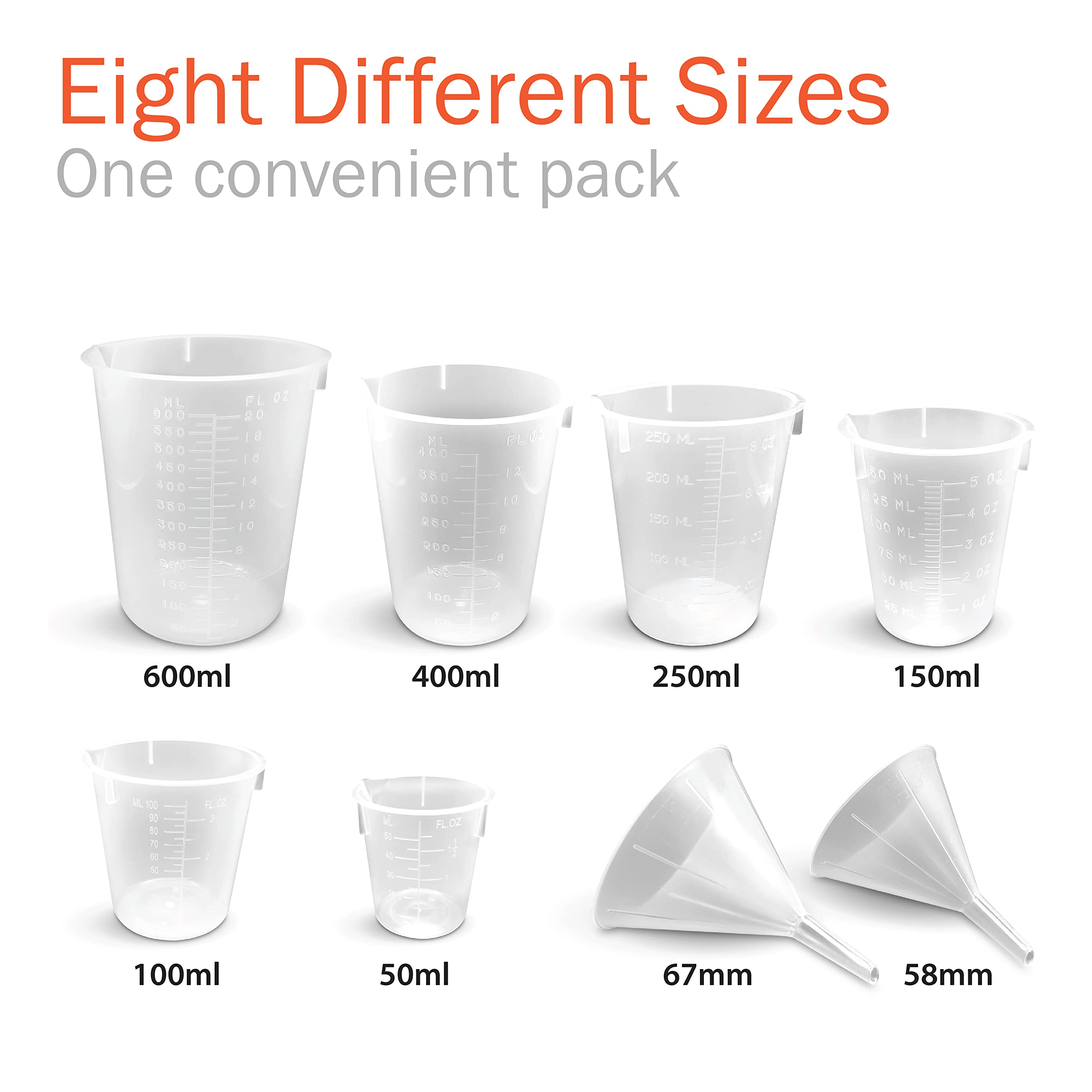 Plastic Beaker and Funnel Set of 8, Graduated Polypropylene Beakers in 600ml, 400ml, 250ml, 150ml, 100ml, 50ml & Funnels in 67mm and 58mm. Ideal for Laboratory, School or at Home.