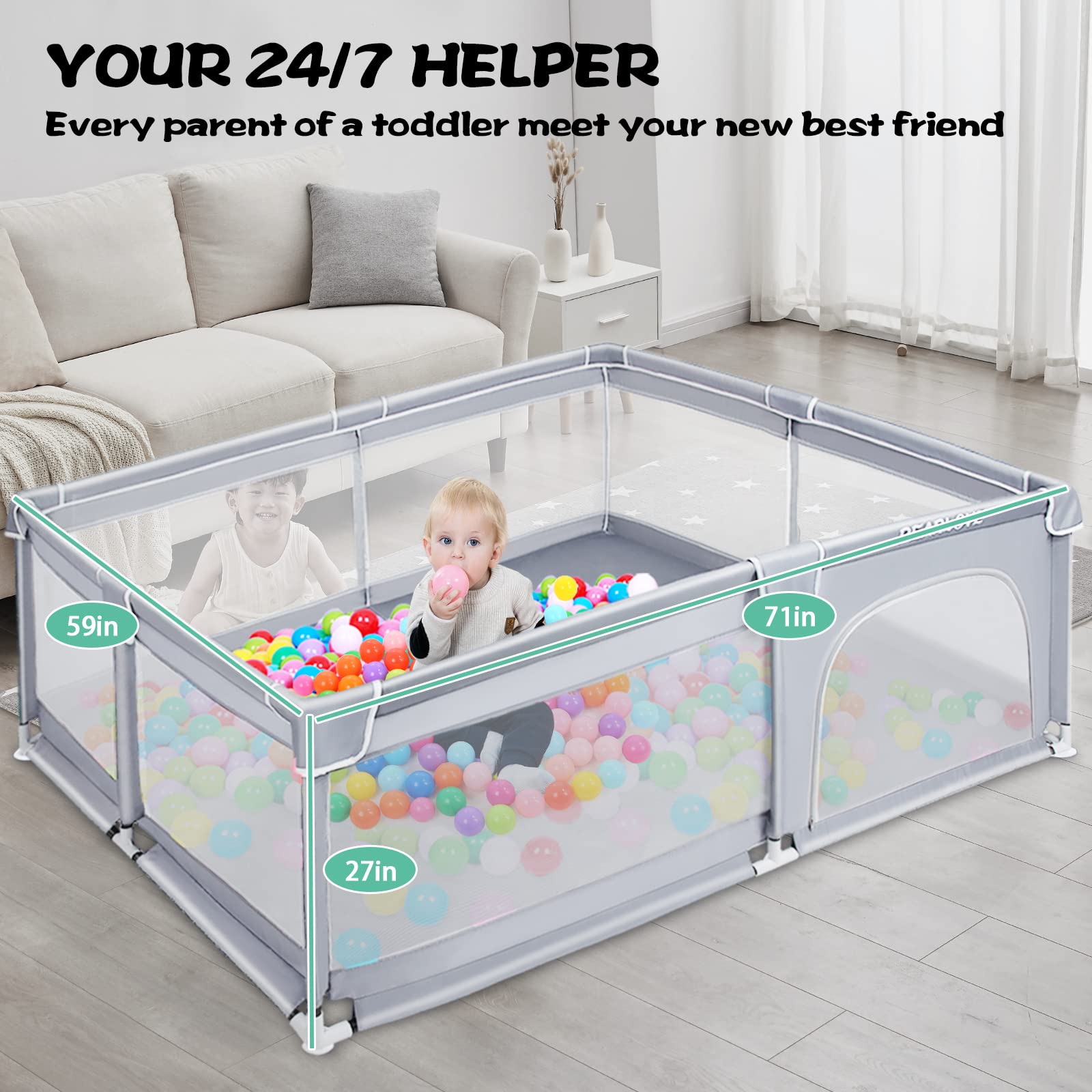 Large Baby Playpen, 71x59 Extra Large Baby Playard for Toddler, Playpens for Babies, Sturdy Safety Kids Activity Center, Baby Gate Playpen with Breathable Mesh 2 Handles(Light Gray)