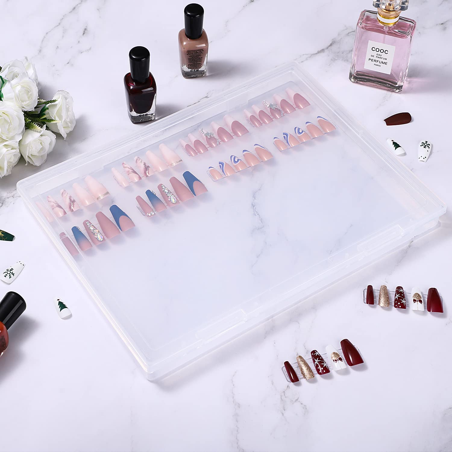 Noverlife Large Clear Press on Nails Storage Box, Empty Plastic Press on False Nails Case Container with 5m/5.5yd Double Side Adhesive Nail Art Tape & 50PCS Arcylic Nail Display Sticks