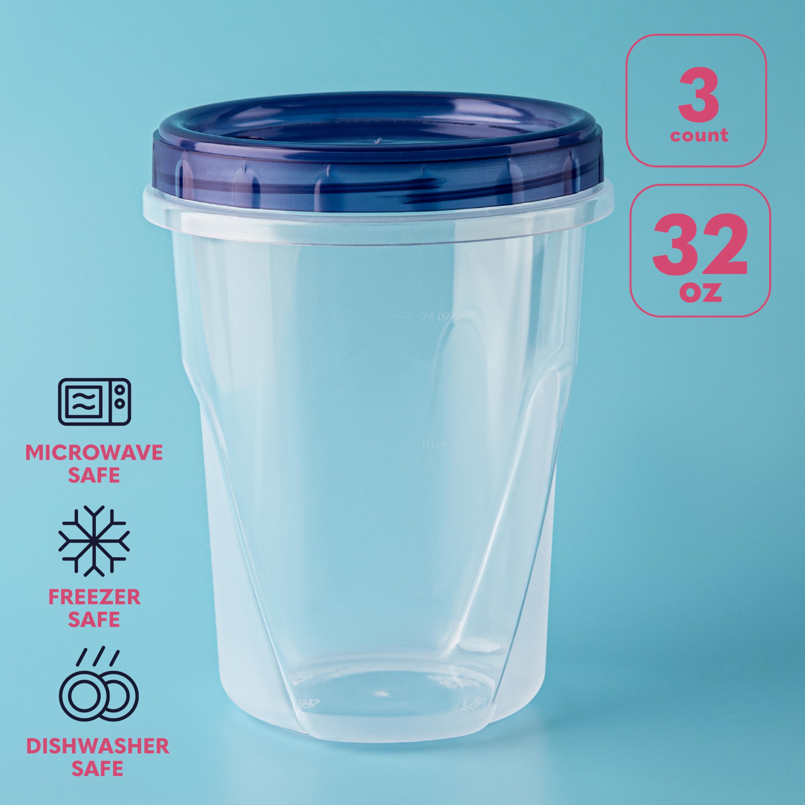 Plastic Food Deli Containers With Twist Top Lids - (32 Oz) - [3 Pack] - Soup & Food Storage Containers Takeout To Go - Airtight Plastic Containers - Microwave, Freezer & Dishwasher Safe BPA-Free