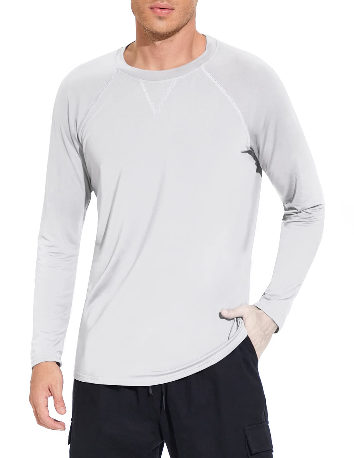 Men's Fleece Thermal Long Sleeve Running Shirt Athletic Base Layer Top with Thumb Holes(White, Medium)