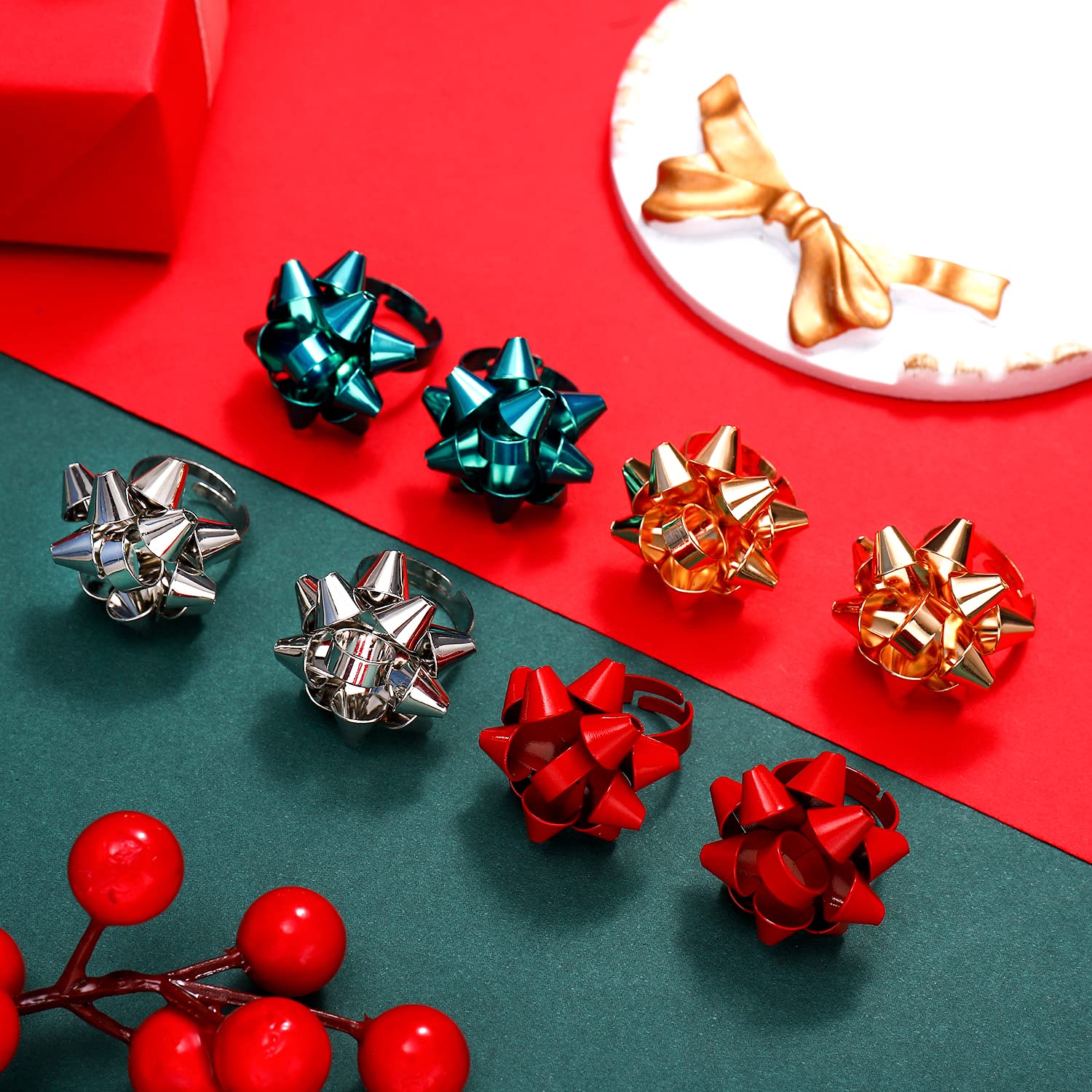 NVENF Christmas Rings for Women Xmas Bow Stackable Rings Holiday Snowflake Statement Rings Festive Finger Ring Set Gifts (Xmas Bow, 7)