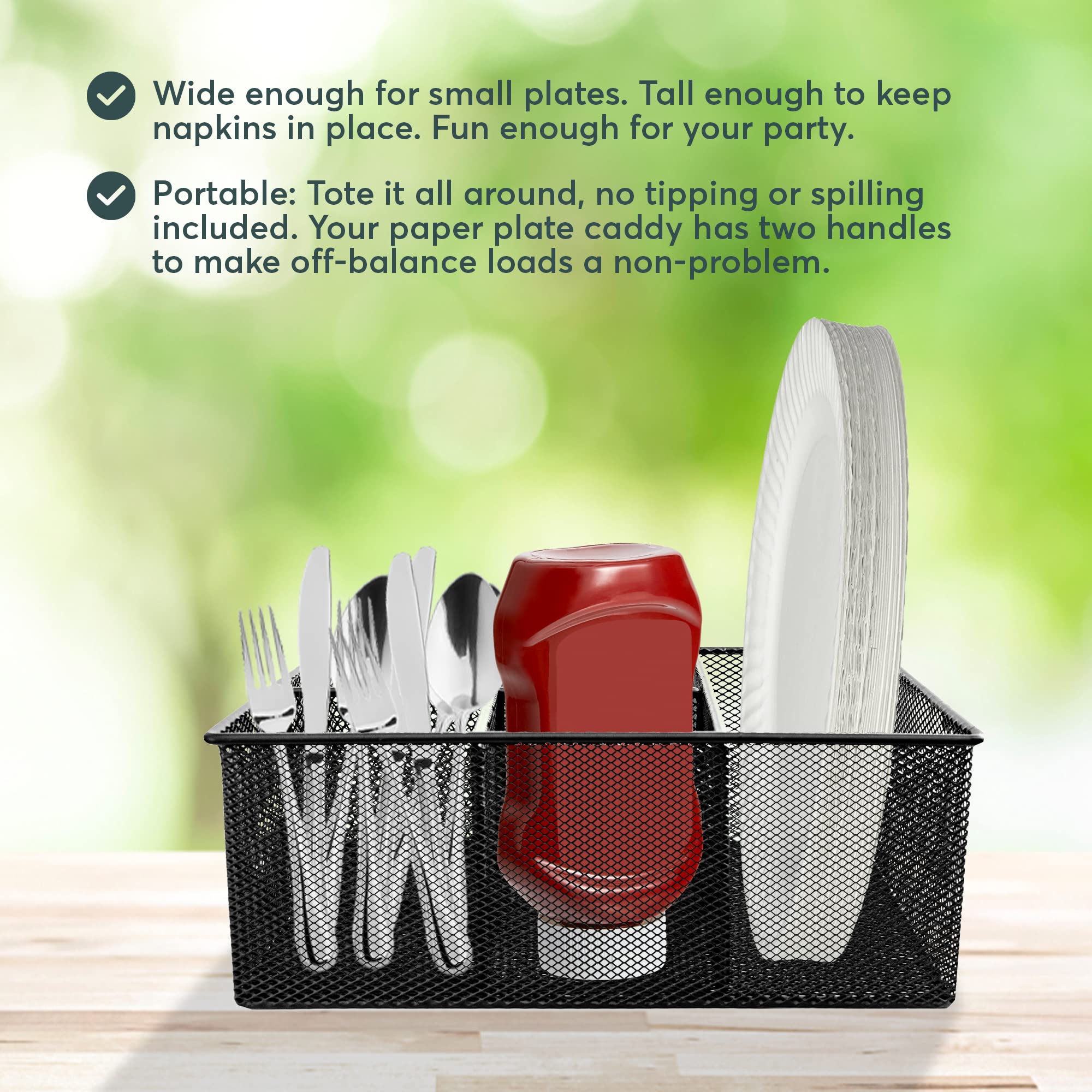 Maypes Utensil Holder for Party Hosting Essentials 4 Silverware Carrier Slots, 1 Small Paper Plate Holder, 2 Side Handles β Condiment Caddy, Grill Caddy Flatware Caddy Outdoor Cutlery Caddy (Black)