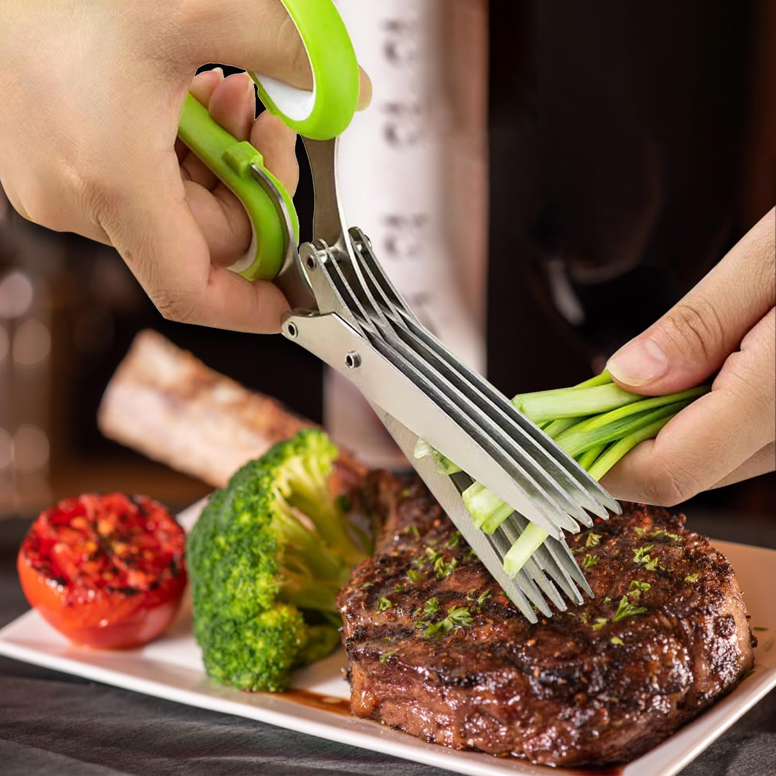 Herb Scissors,5 Blade Kitchen Herb Shears Herb Cutter with Safety Cover and Cleaning Comb for Chopping Basil Chive Parsley, Stainless Steel, Sharp Dishwasher Safe Kitchen Gadget - Green