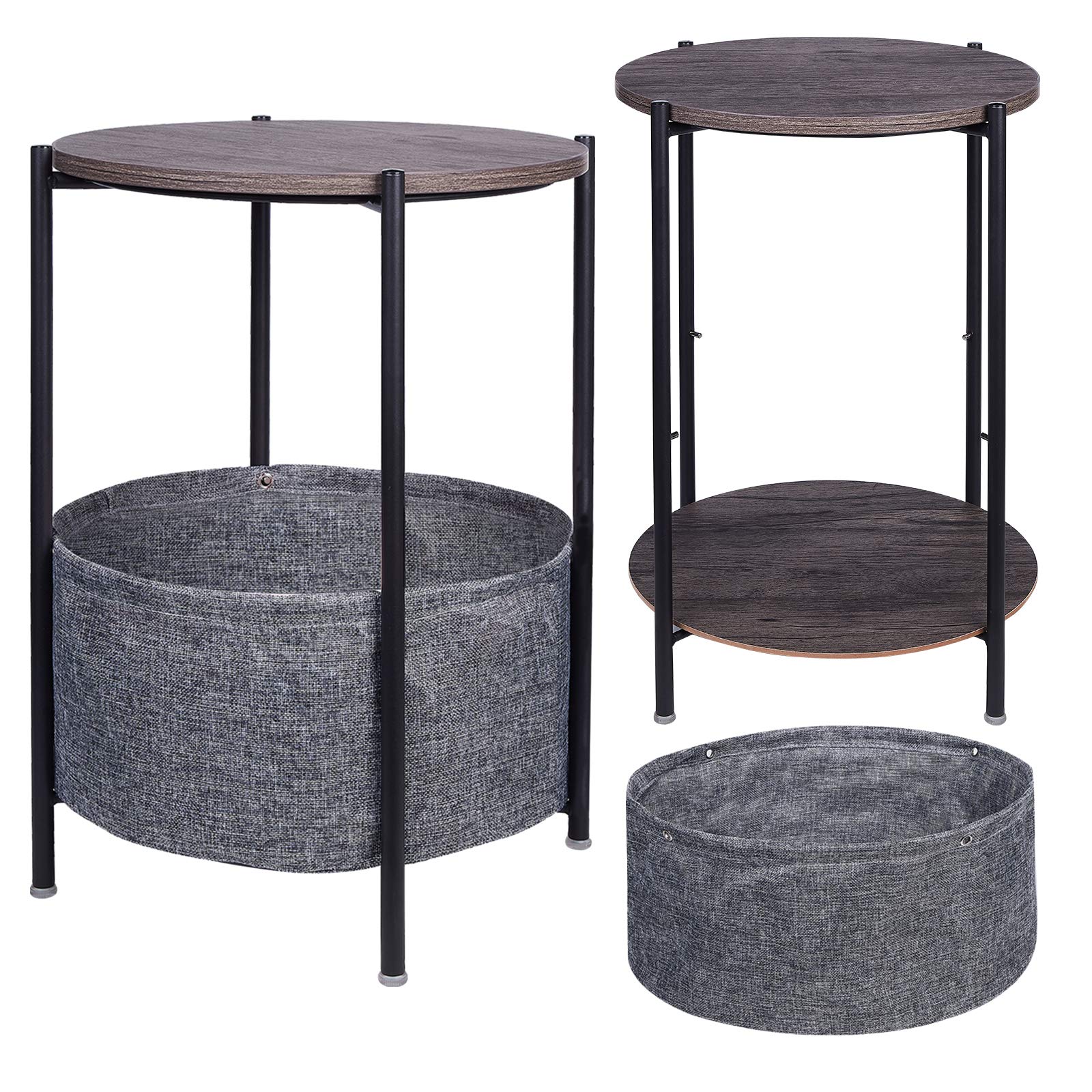 JANE EYRE Round Side Table with Storage Basket Small End Table Nightstand with Fabric Storage for Living Room Bedroom Home Office