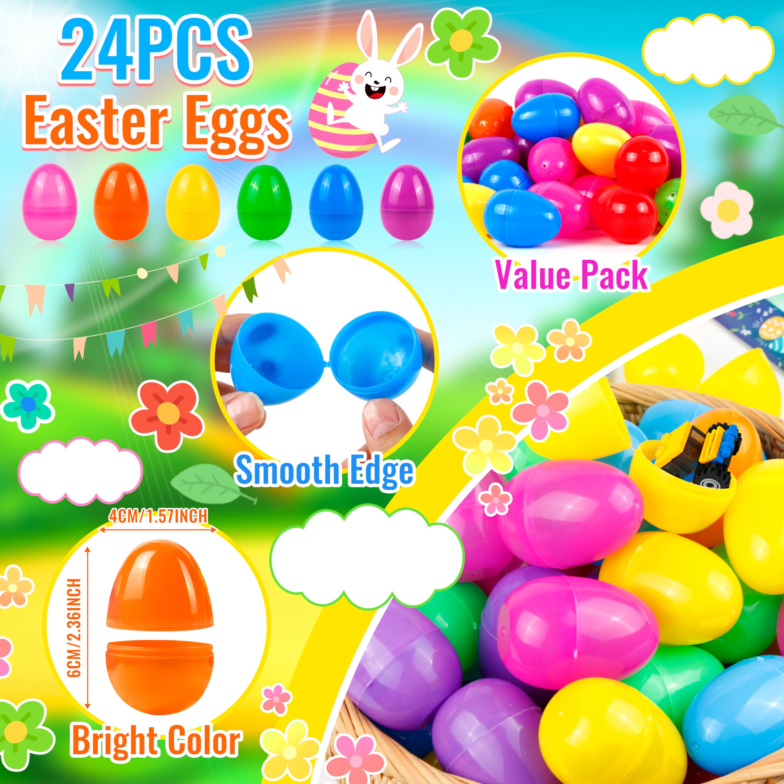 OCTERIC 24 Easter Eggs Hunt Prefilled with Jungle Animals Dinosaurs & Vehicles Building Blocks, Eggs for Easter Party Favors Fillers, Easter Basket Stuffers, Easter Eggs Hunt, Classroom Prize Supplie