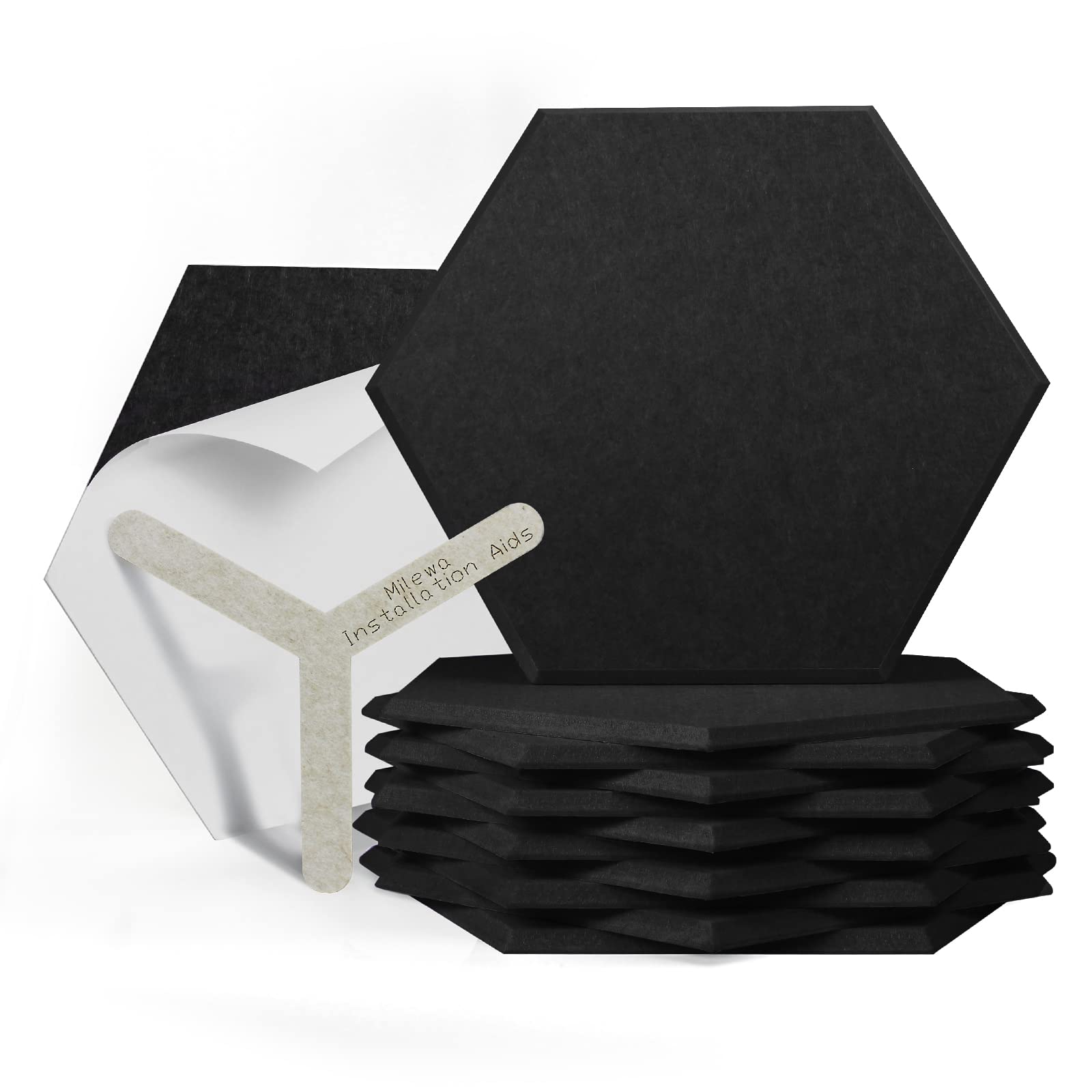Milewa Acoustic Panels 12 Pack Sound Proof Foam With Triangle Sticking Tool, 14''×12''×0.4'' Hexagon Soundproof Wall Panels, Soundproofing, High-Density Padding(Black)