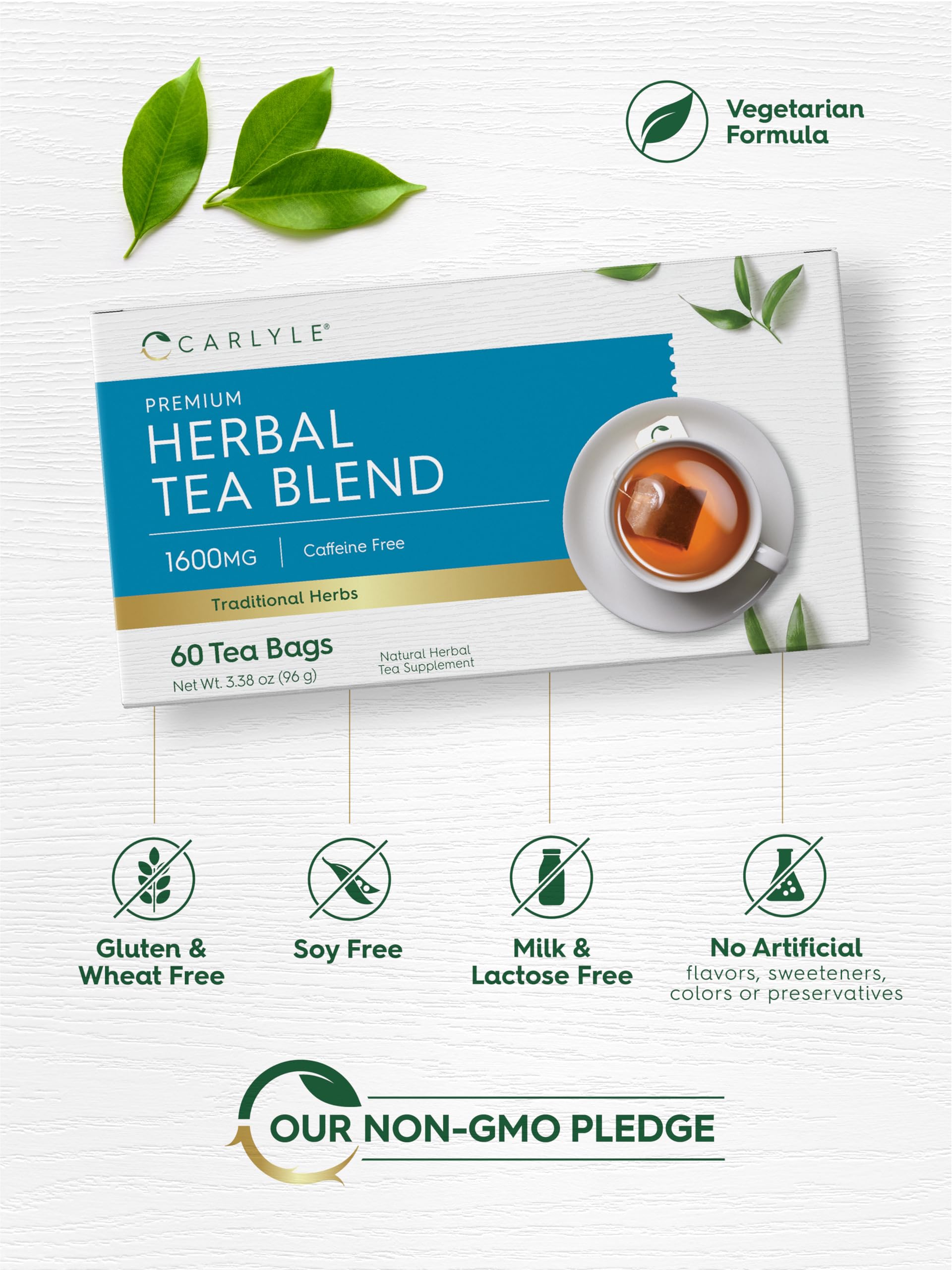 Herbal Tea Blend | 60 Tea Bags | Caffeine Free Herbal Tea Supplement | Vegetarian, Non-GMO & Gluten Free | by Carlyle