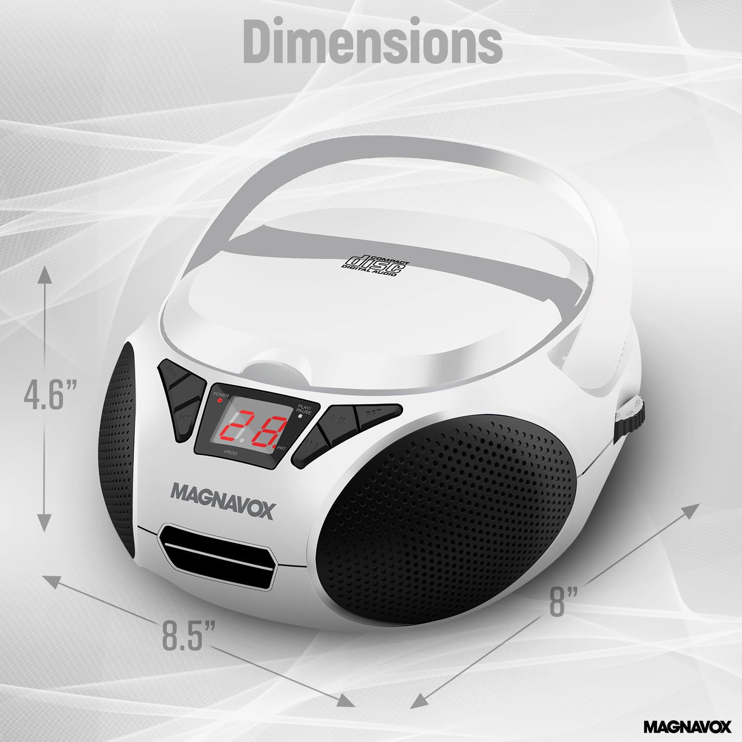 Magnavox MD6924 Portable Top Loading CD Boombox with AM/FM Stereo Radio in Black | CD-R/CD-RW Compatible | LED Display | AUX Port Supported | Programmable CD Player | (White)