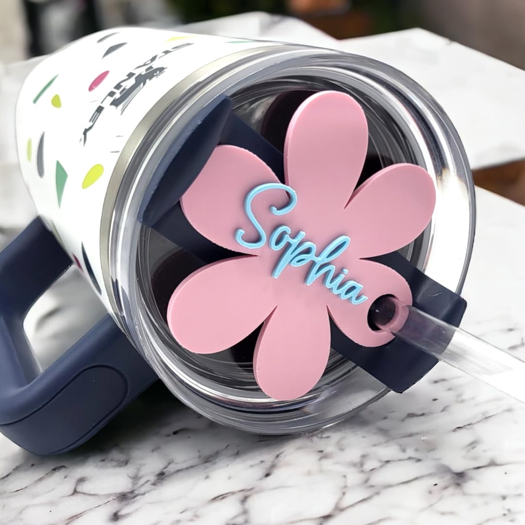 Personalized Flower Tumbler Nameplate for 40 oz / 30 oz Stanley Quencher lid - Raised Lettering -