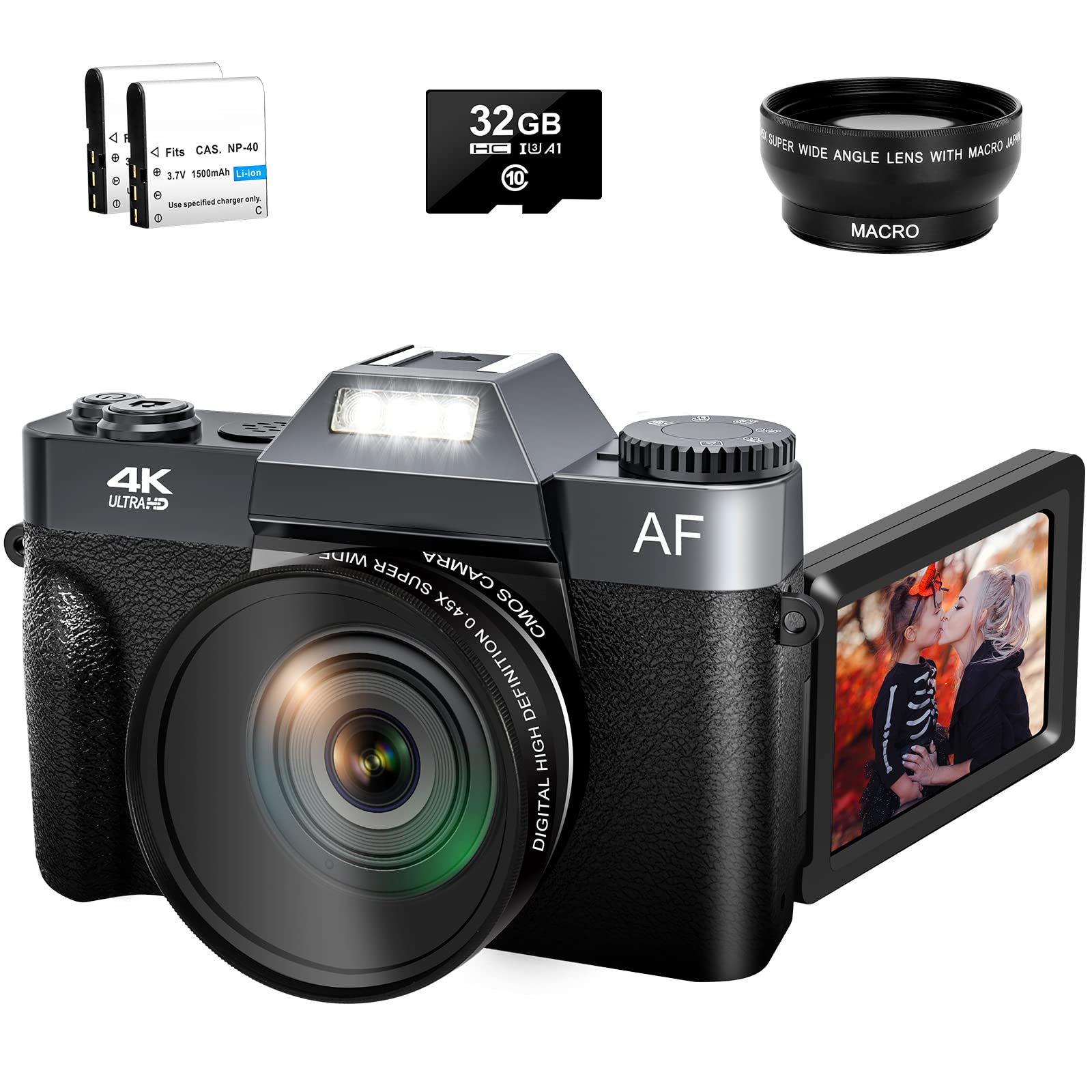 KOKITS 4K Vlogging Camera for YouTube, 48MP Digital Photography with 3''Flip Screen, 16x Zoom and Video Autofocus Anti-Shake, Wide Angle Lens, Macro 2 Batteries, 32GB Micro SD Card, Black (G10)