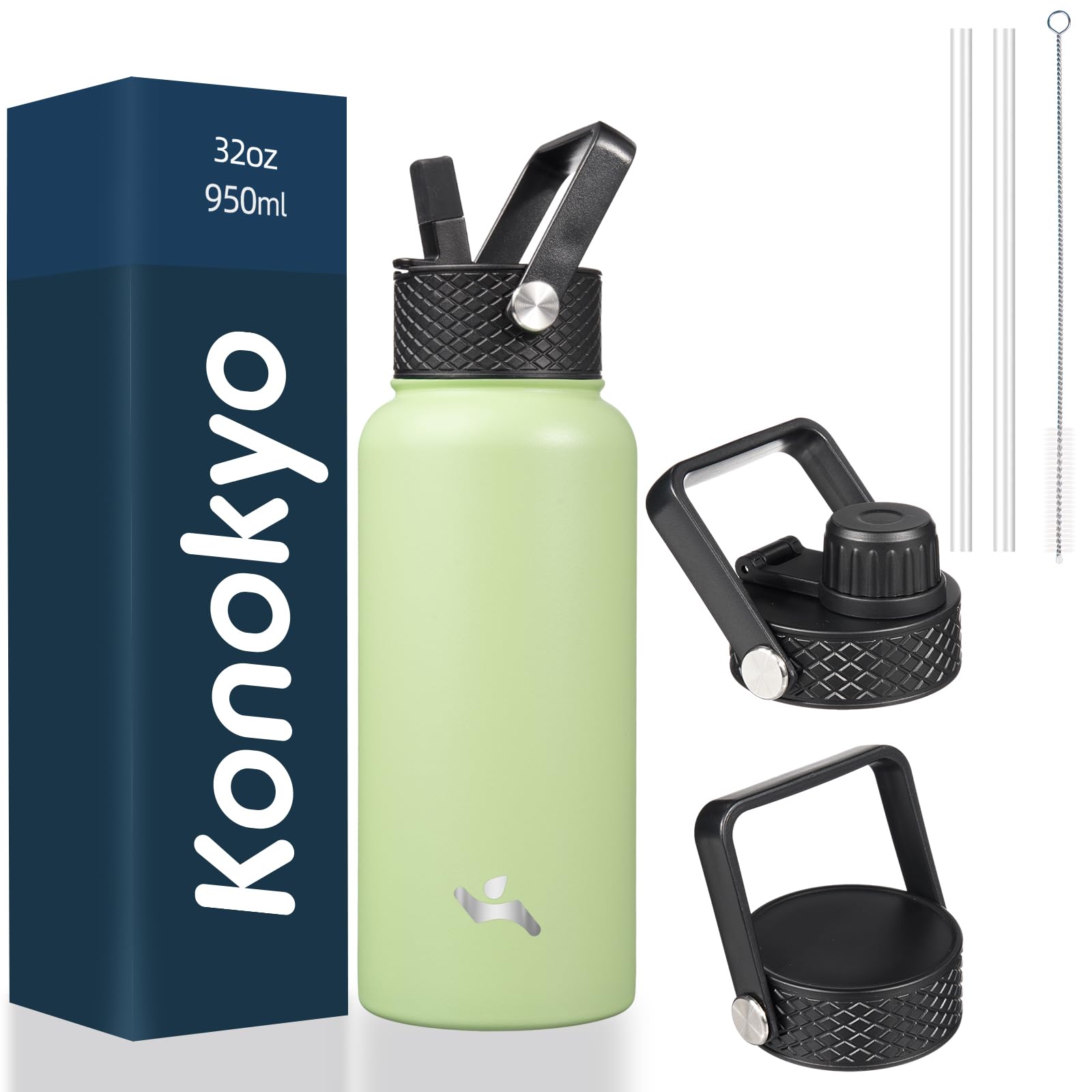 Konokyo Insulated Water Bottle with Straw,32oz 3 Lids Metal Bottles Stainless Steel Water Flask,Macaron Green