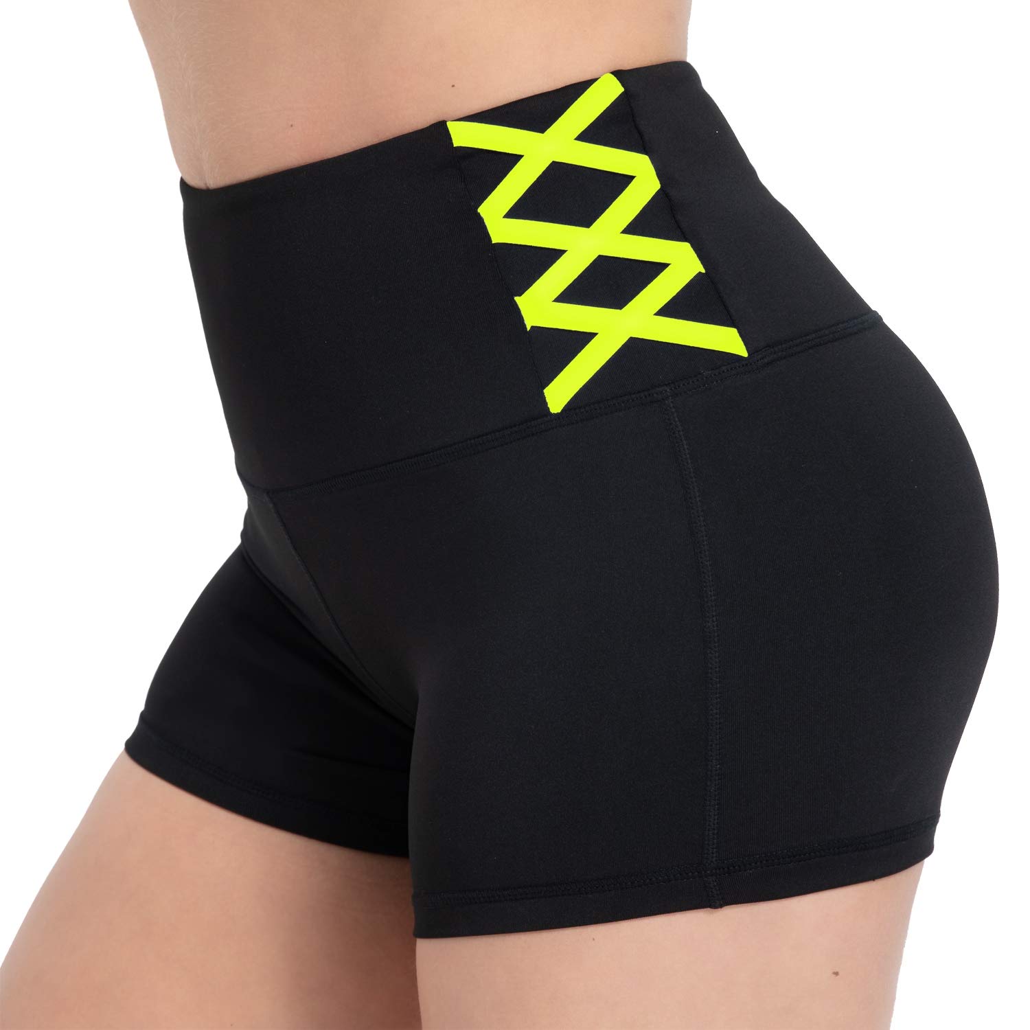 Kipro High Waist Biker Workout Yoga Shorts for Women Runing Compression Bottom Skinny Shorts Black/Fluorescent Green Medium