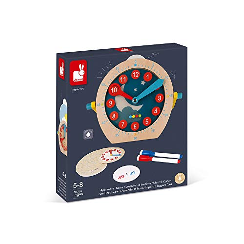Janod Learn to Tell Time - Wooden Educational Teaching Clock - Ages 5+ - J05076