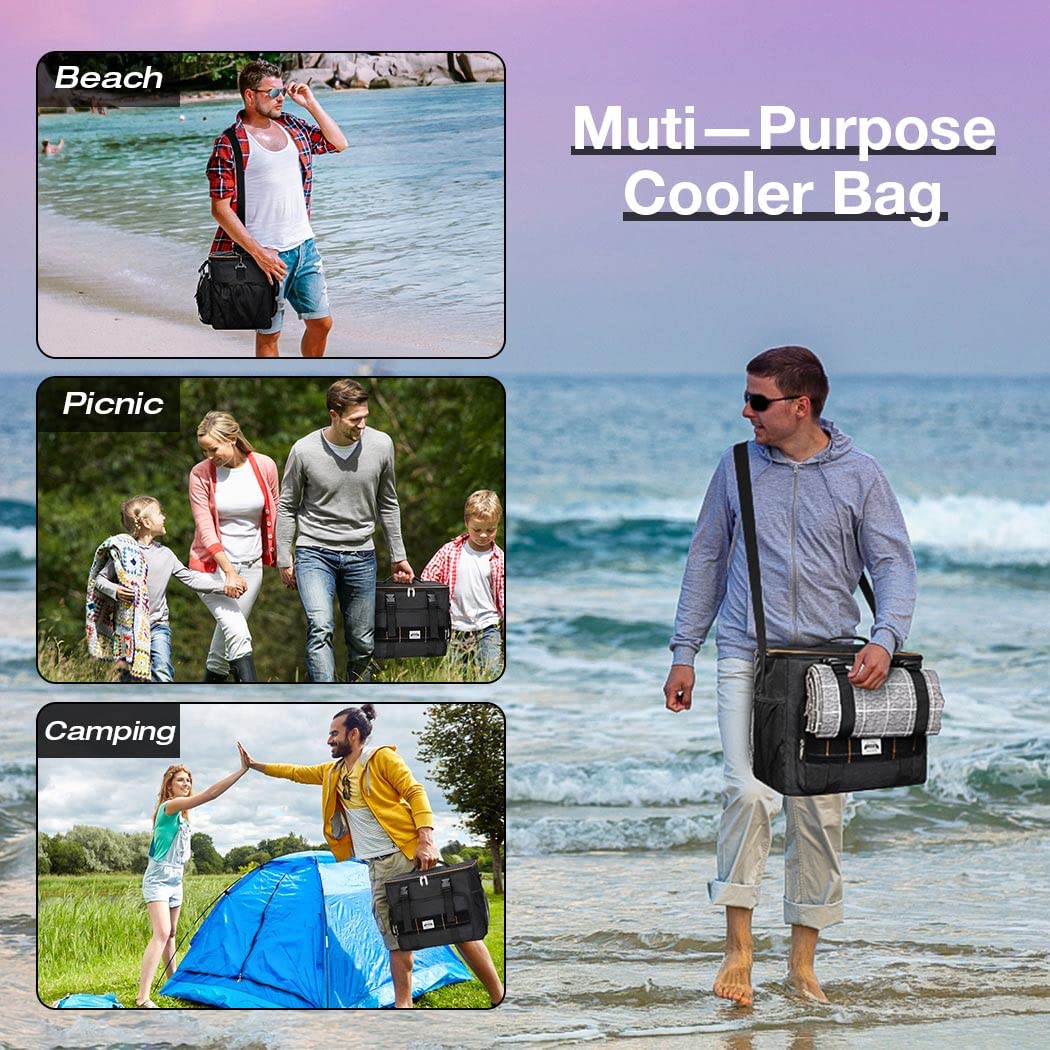 Lekebobor Cooler Bag 50Cans 30L Large Lunch Bag for Men Insulated and Collapsible Picnic Bag with Cup Holder, Black