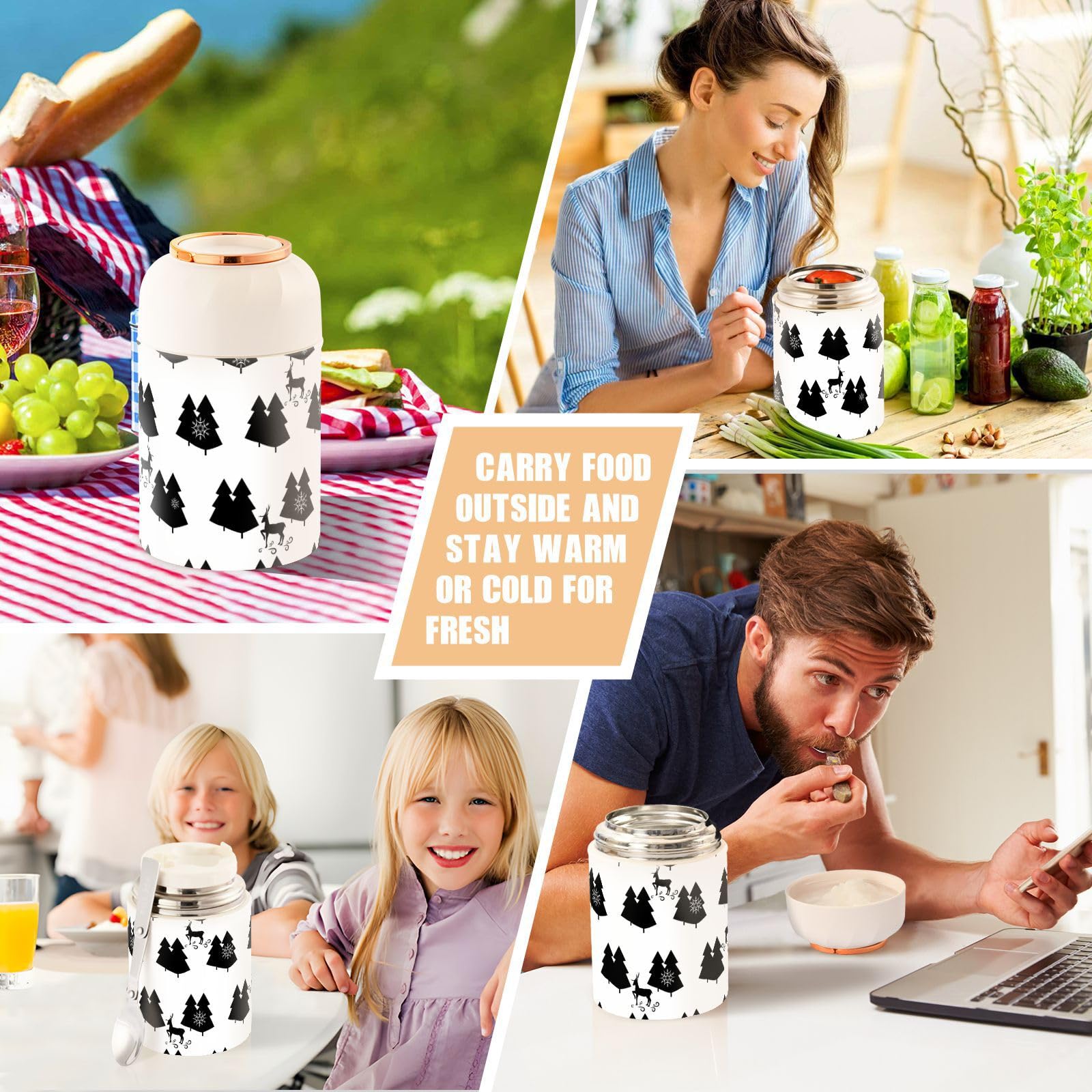 JUNZAN Black Christmas Tree Deer Kids Womens Insulated Food Jar Containers with Spoon 17oz/500ml Containers To Keep Food Hot Stainless Steel Vacuum Food Warmer Thermo Container for Hot/Cold Food
