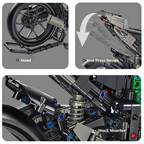 NOST Technics Motorcycle for Kawasaki H2R, 1968 pcs, 1/5, with Car Light, Motorcycle Building Bricks Toy Compatible with Lego