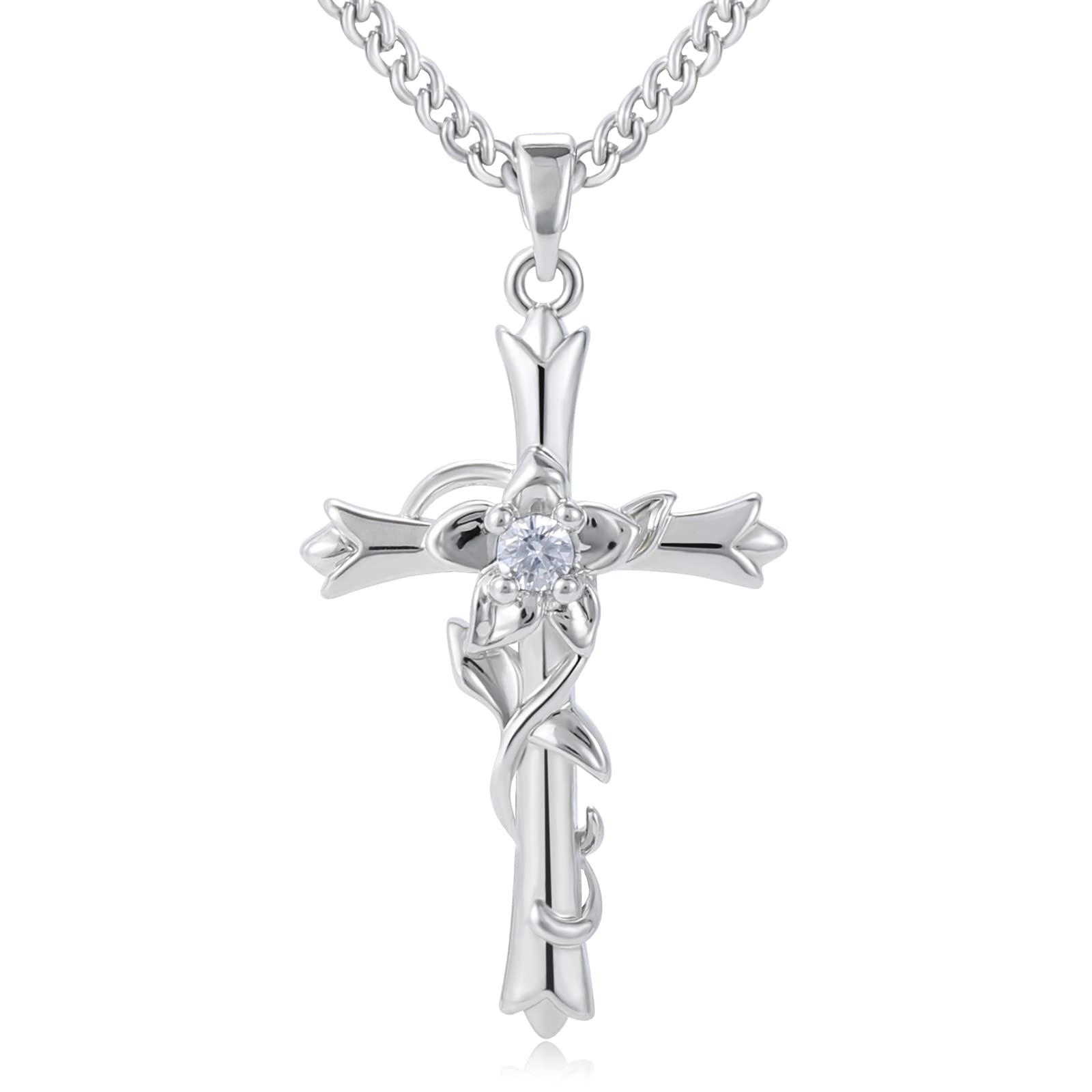 Lourny Silver Cross Necklace for Women, Cross Pendant Necklace with Cubic Zirconia for Mother Dainty Gift (Daffodils)