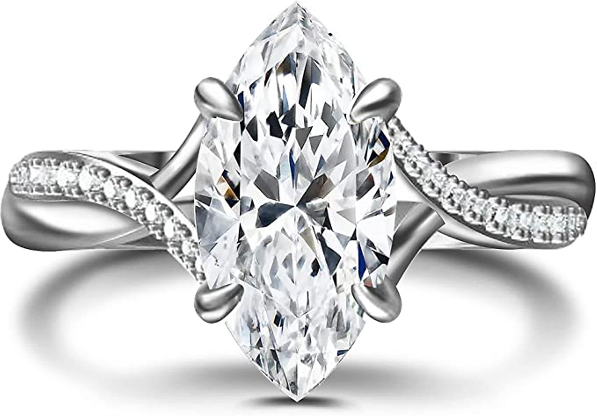 Marquise Cut Moissanite Diamond Ring 1.25CT Colorless Solid 14K White Gold Excellent VVS1 Four Claw Prong Twisted Solitaire Engagement Ring For Women Christmas Gift Wedding Gift Valentine Gift For Her (Sterling Silver, 11)