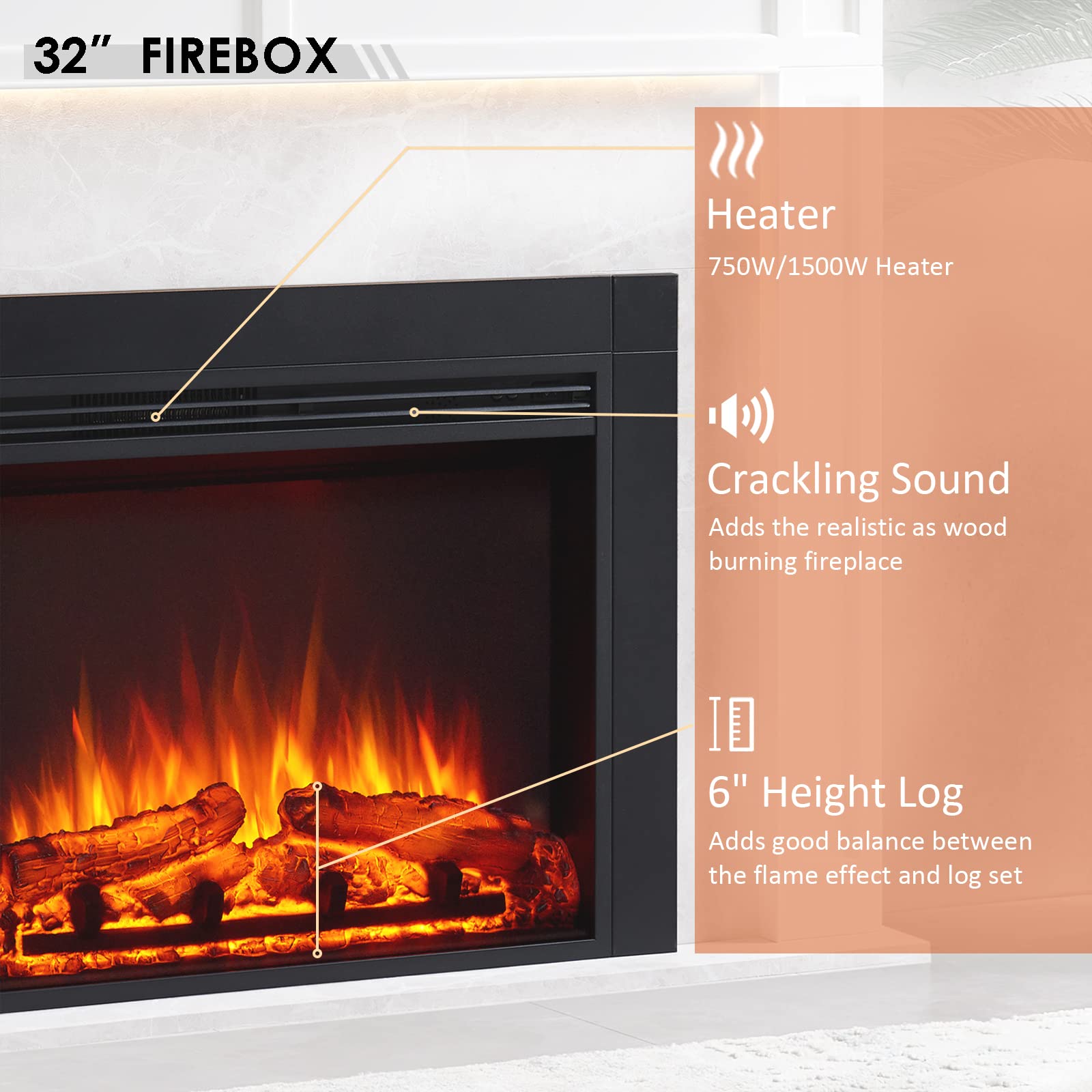 LegendFlame® Ashley Electric Fireplace with 60" Mantel Surround and Jaden 36" Insert, Cream White with Light Grey Marble Finish