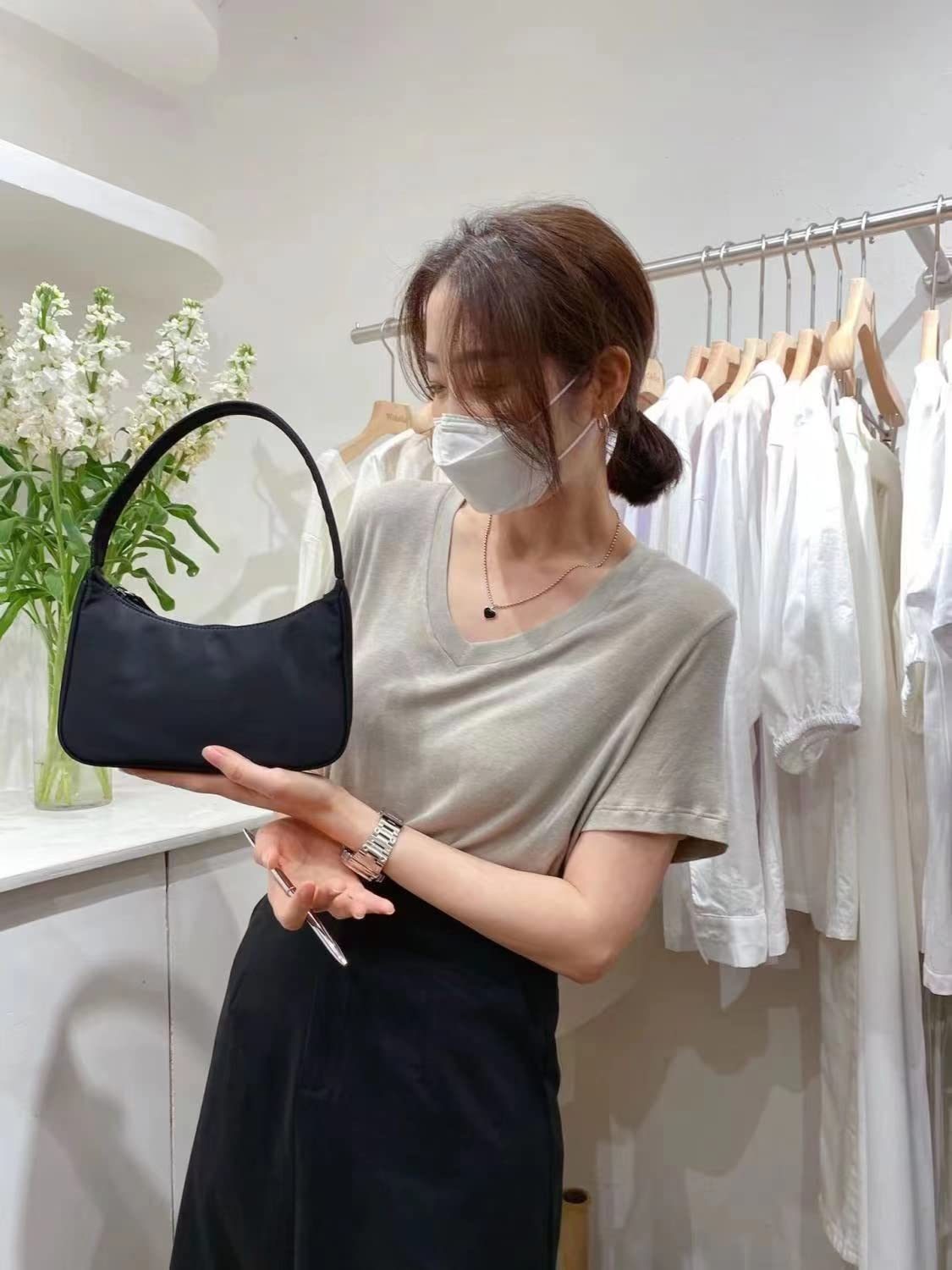 Nylon Handbag Classic Silver Buckle Triangle Label Black One Shoulder Underarm Mini Tote Gift For Women …
