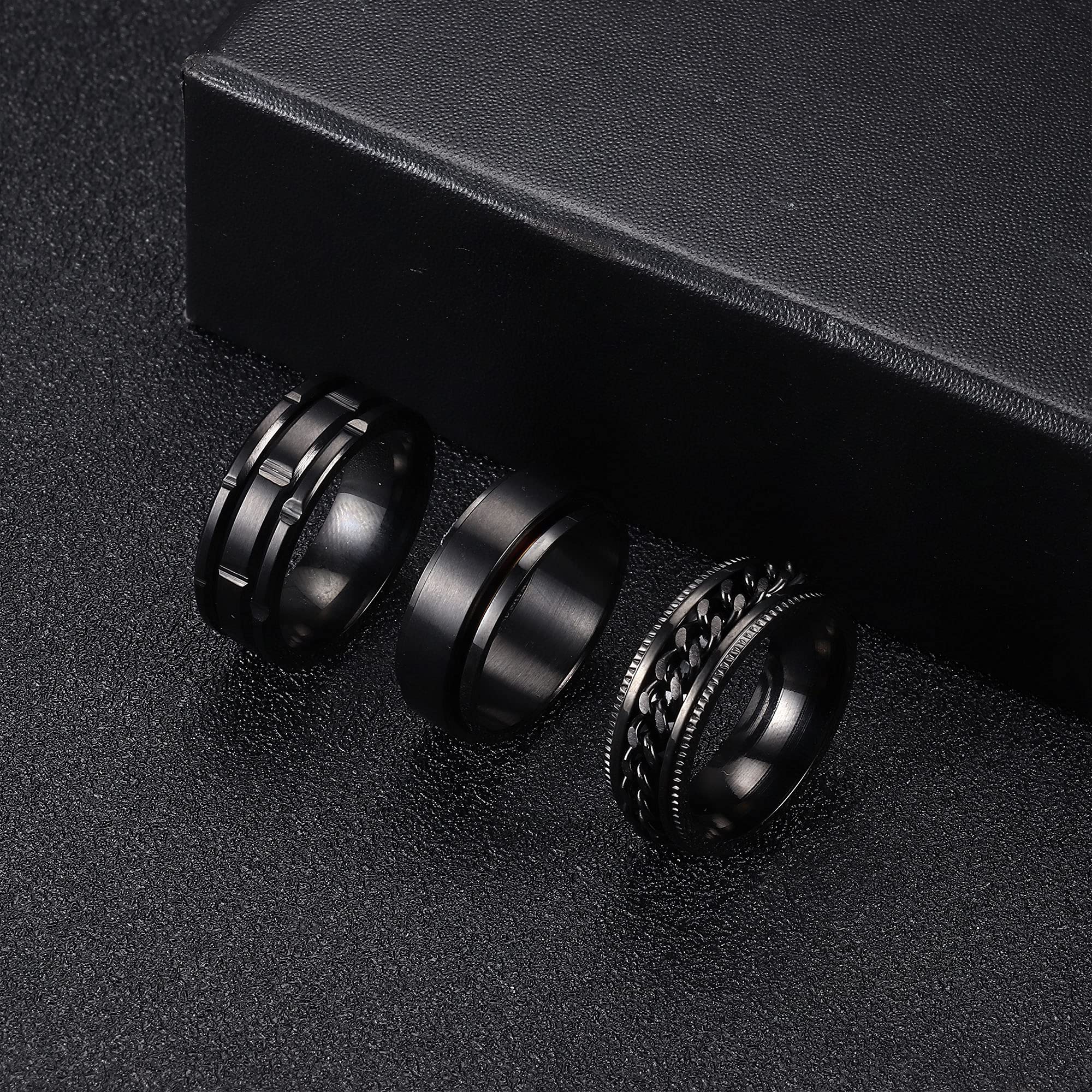 Jstyle 3Pcs Stainless Steel Fidget Rings Set Black Cool Chain Spinner Band Ring for Mens Women Wedding Promise Ring Stress Relieving Size 7-13