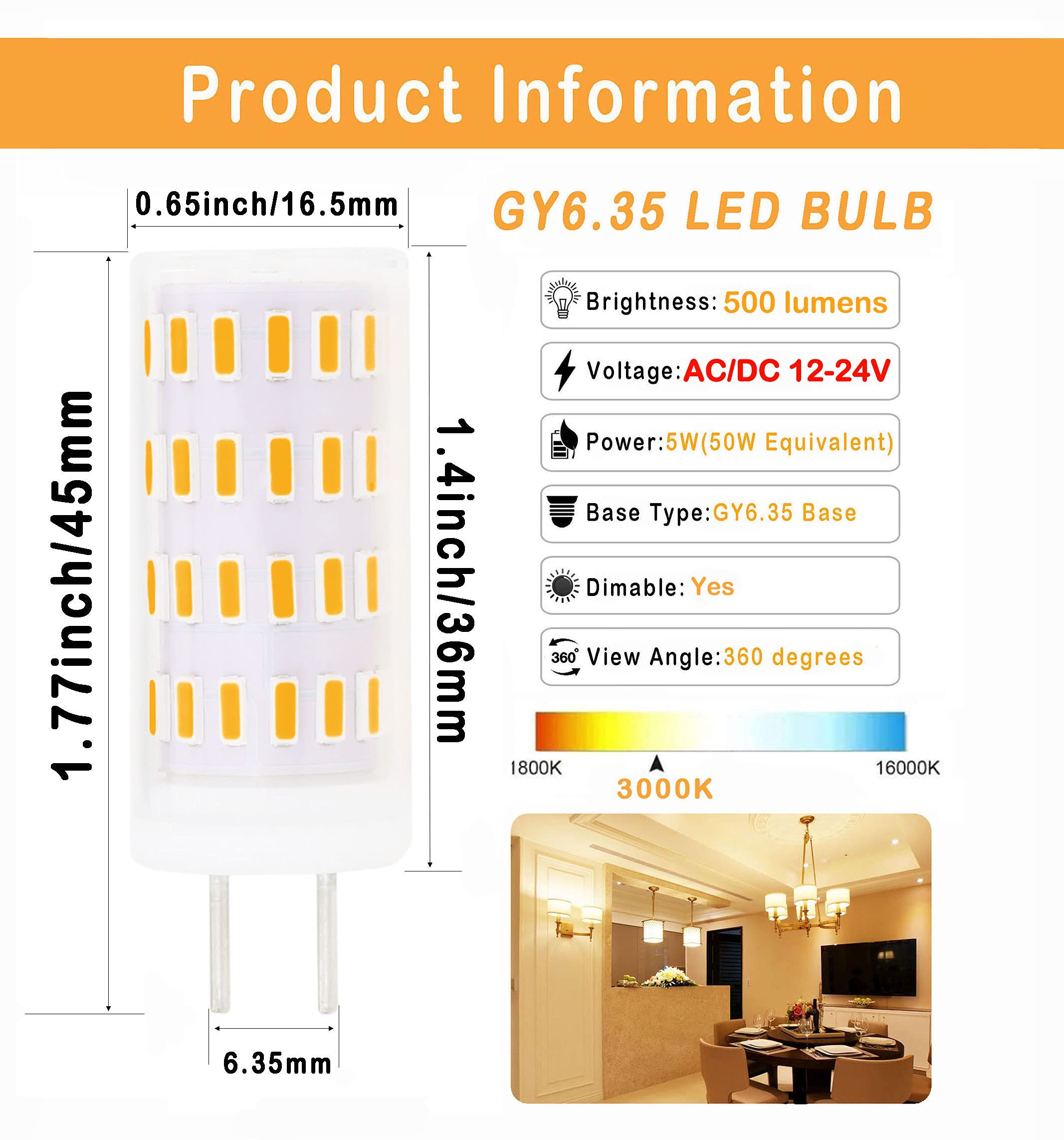 Lamsky GY6.35 LED Light Bulb Dimmable,G6.35/GY6.35 Bi-pin Base 5W,AC/DC 12V 24V Warm White 3000K,GY6.35 Base T4 JC Type 50W Halogen Replacement(5-Pack)