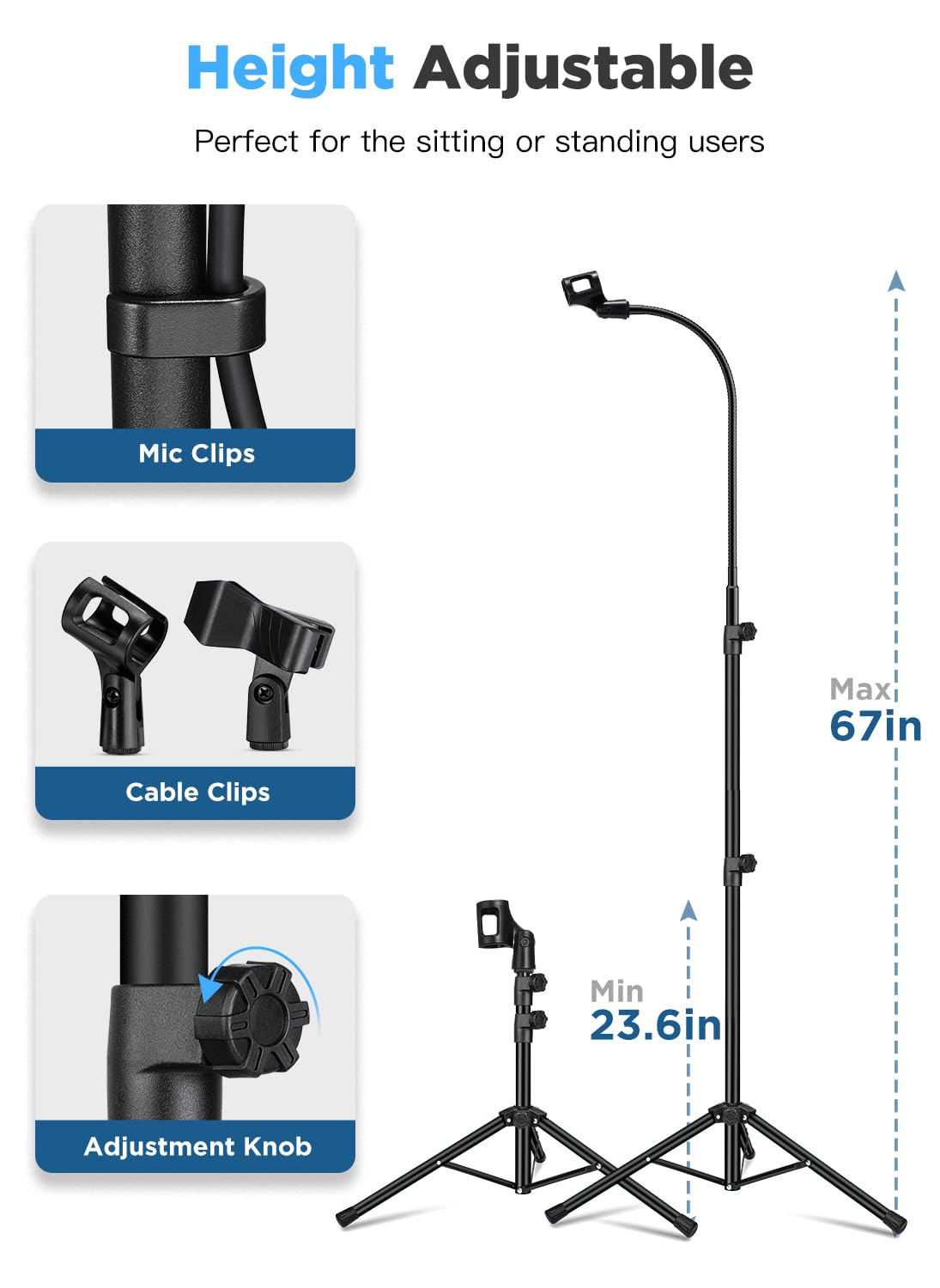 Mic Stand, Bietrun Metal Gooseneck Boom Arm Mic Stand Tripod, Height&360° Adjustable, with Carrying Bag & 2 Mic Clips,Compatible with Wireless Mic&Wired Mics for Singing/Wedding/Church/Stage/Party